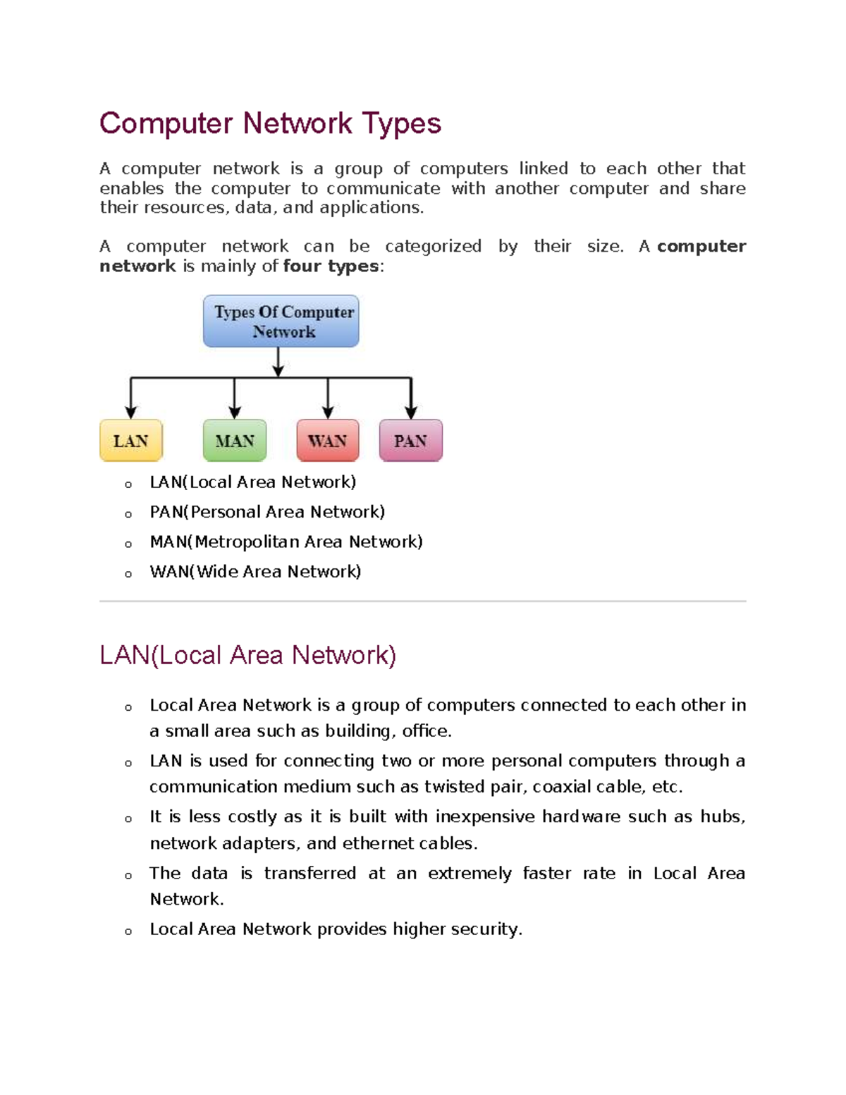 Computer Network Types: LAN, PAN, MAN, WAN Explained - Studocu