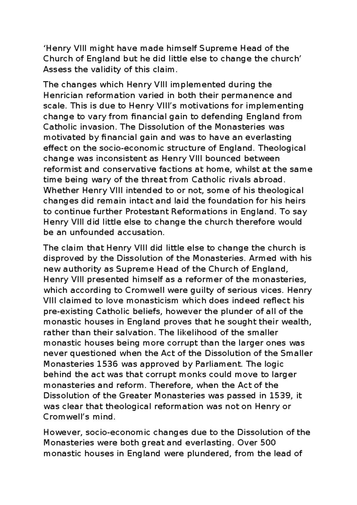 ASSESSING HENRY VIII'S REFORMS: THE CHURCH OF ENGLAND & 1536-1539 - Studocu