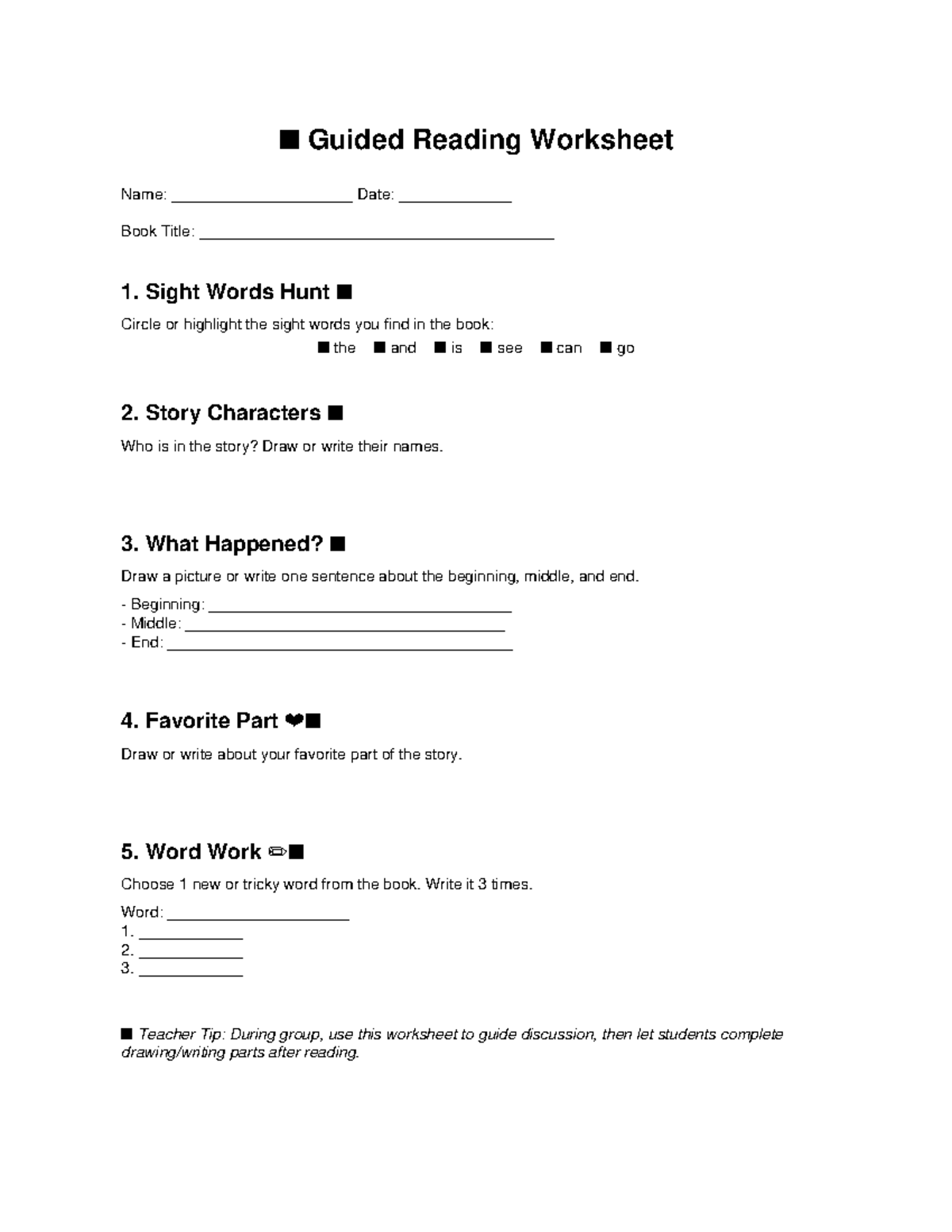 Guided Reading Worksheet: Sight Words & Story Elements - Studocu