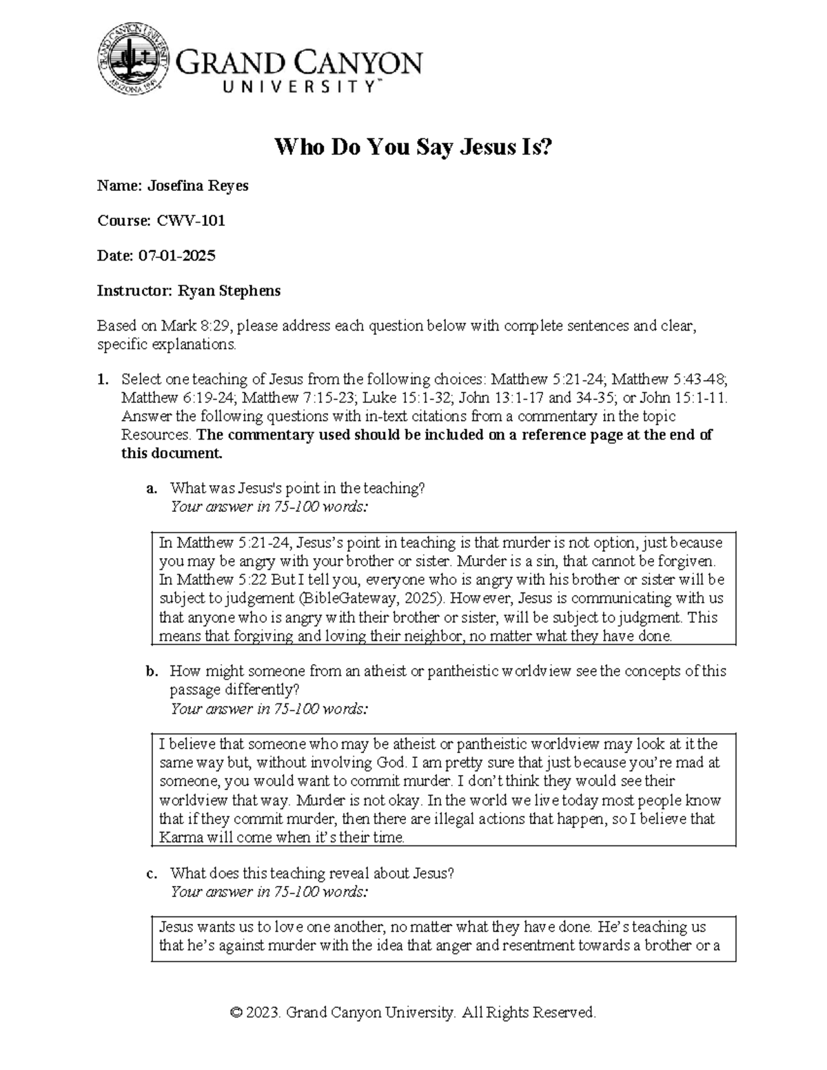 CWV-101 Week 4 Homework: Understanding Jesus' Identity - Studocu