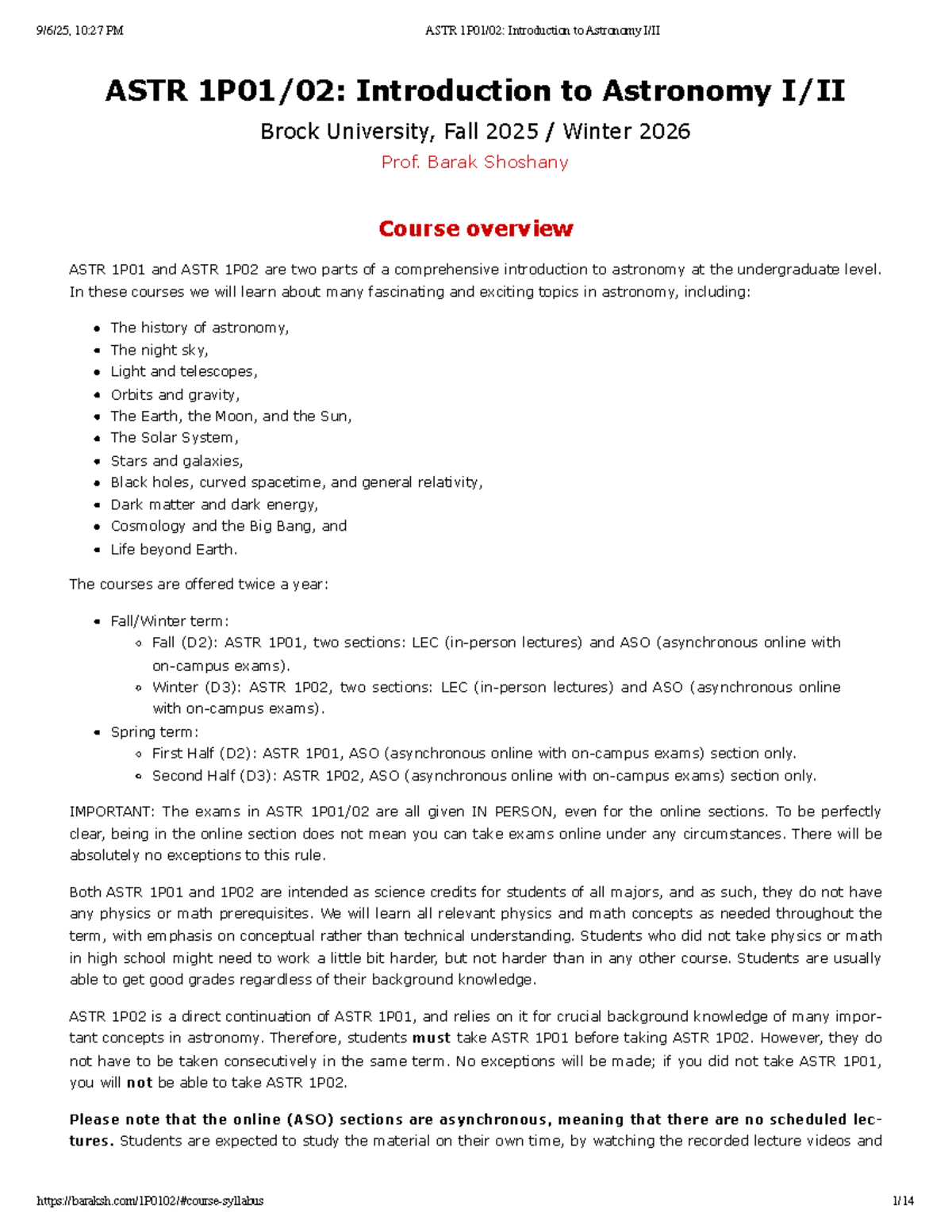 ASTR 1P01/1P02 Introduction to Astronomy Course Overview and Details ...