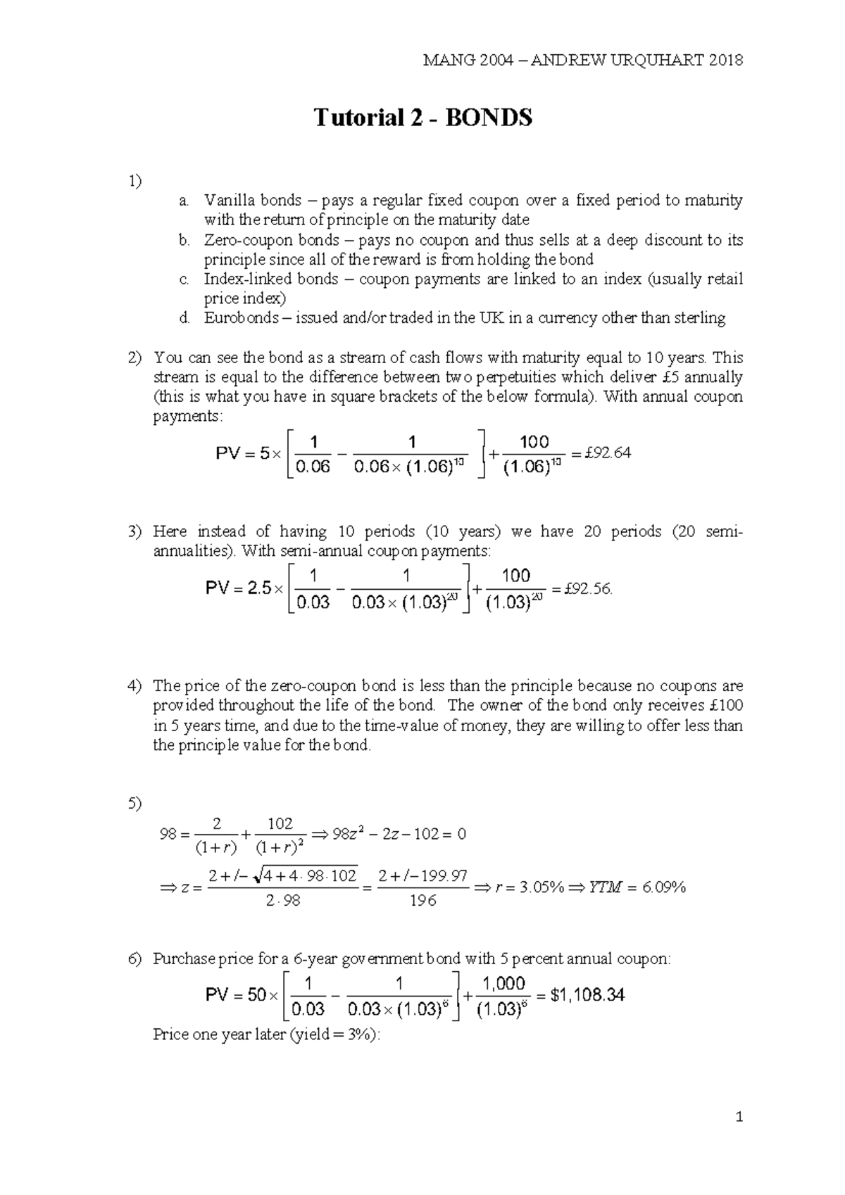 Tutorial 2 bonds answers - Tutorial 2 - BONDS 1) a. Vanilla bonds ...