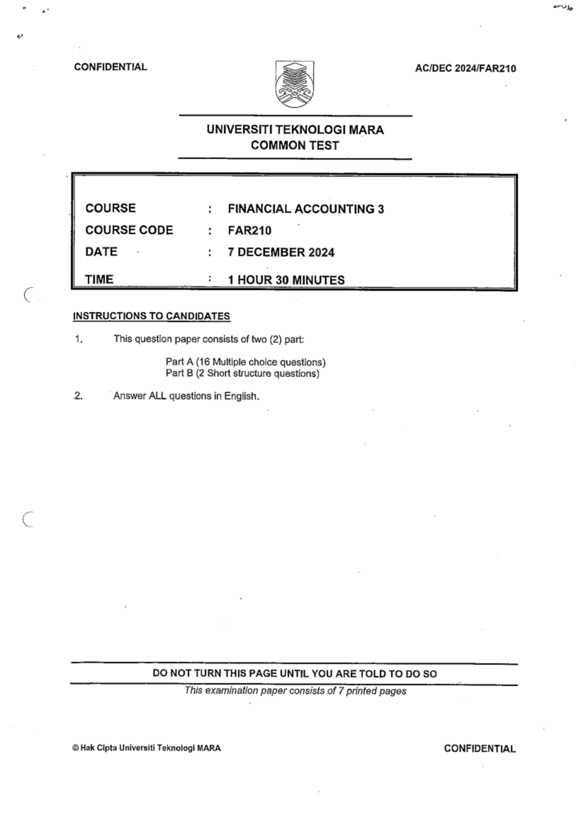 [FAR210] Common Test: Financial Accounting 3 - December 2024 - Studocu