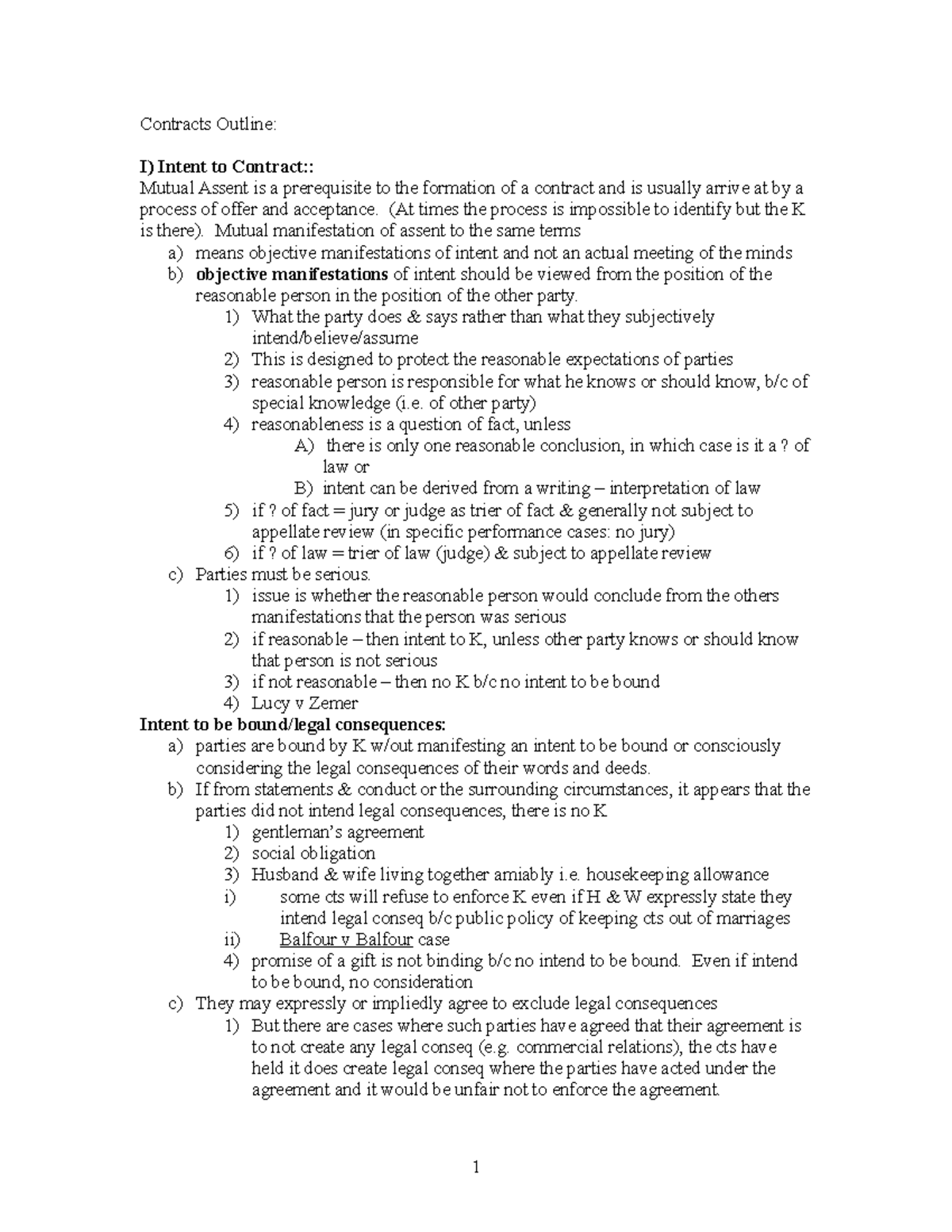 Contracts Law Outline 1: Key Concepts and Principles for Class - Studocu