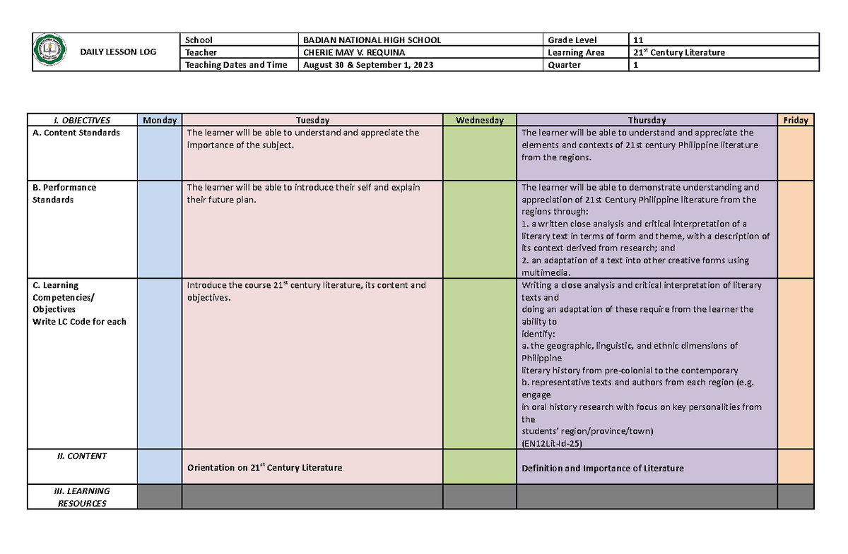 1st Quarter Week 1 (What is Literature) - DAILY LESSON LOG School ...