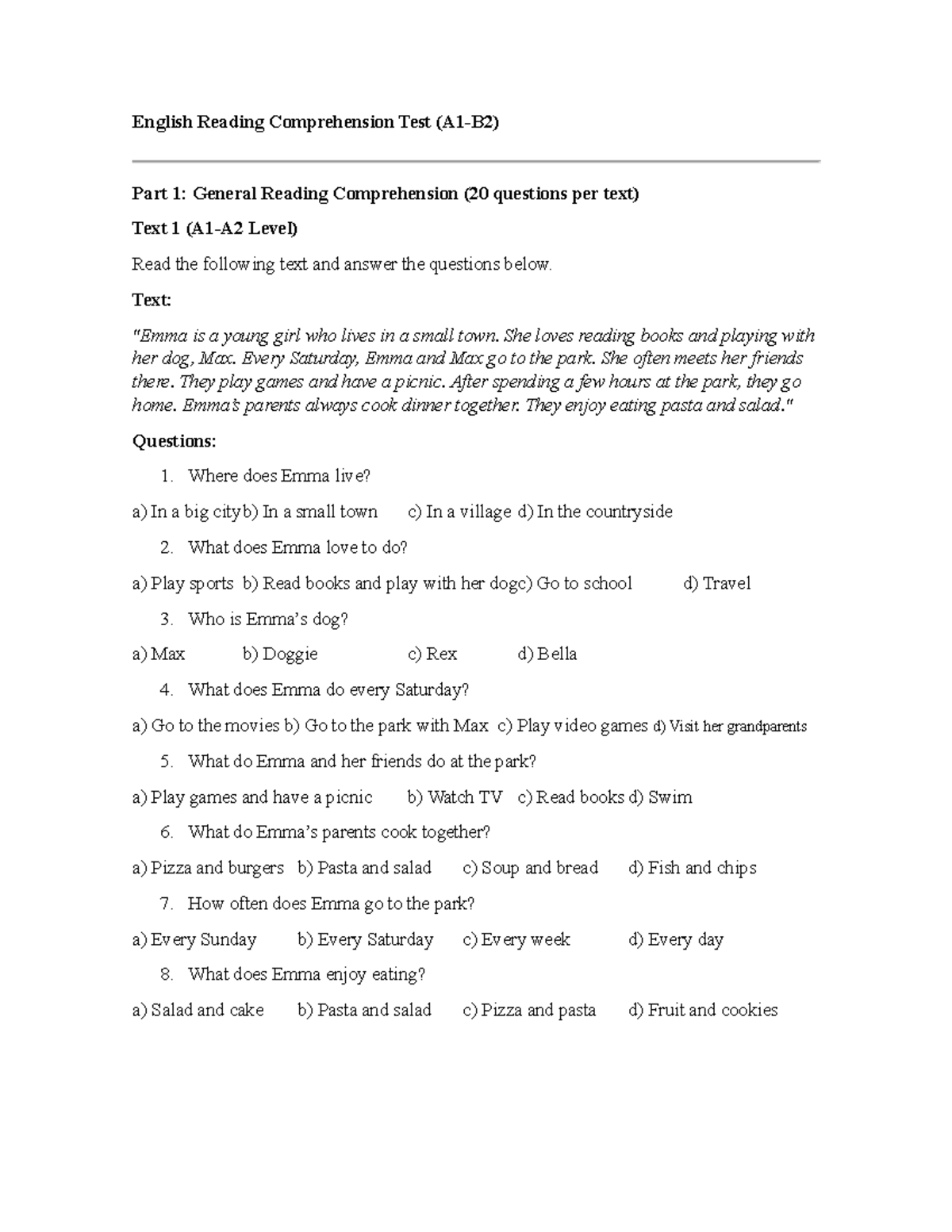 English Reading Comprehension Test II: General Reading & Verb Tenses ...