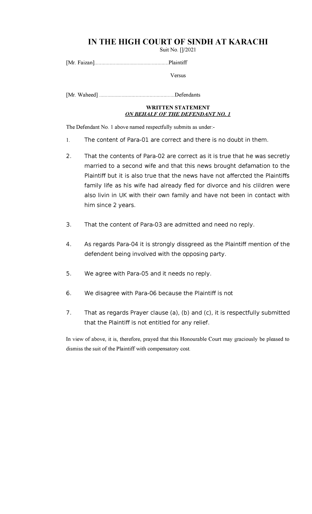 High Court of Sindh - Written Statement for Suit No. [Defendant No. 1 ...