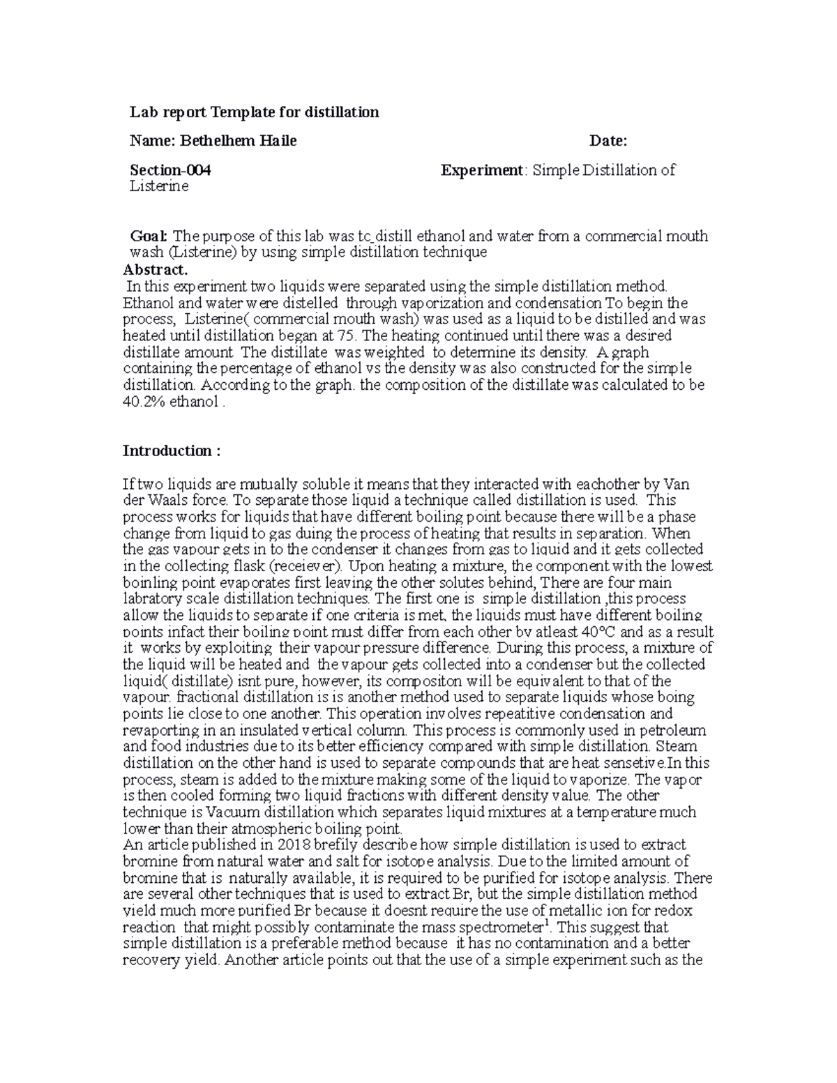 Haile. simple distillation lab report MTSU - Lab report Template for distillation Name ...