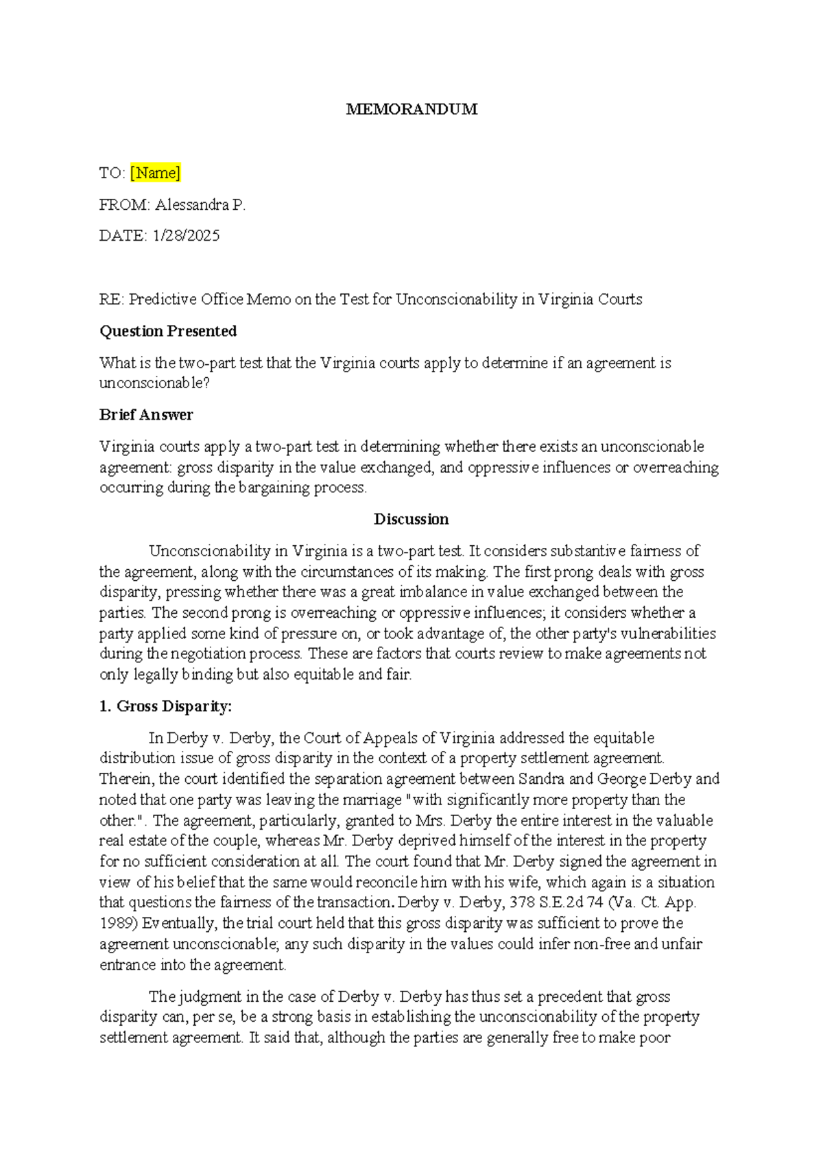 MEMORANDUM: Test for Unconscionability in Virginia Courts - Studocu