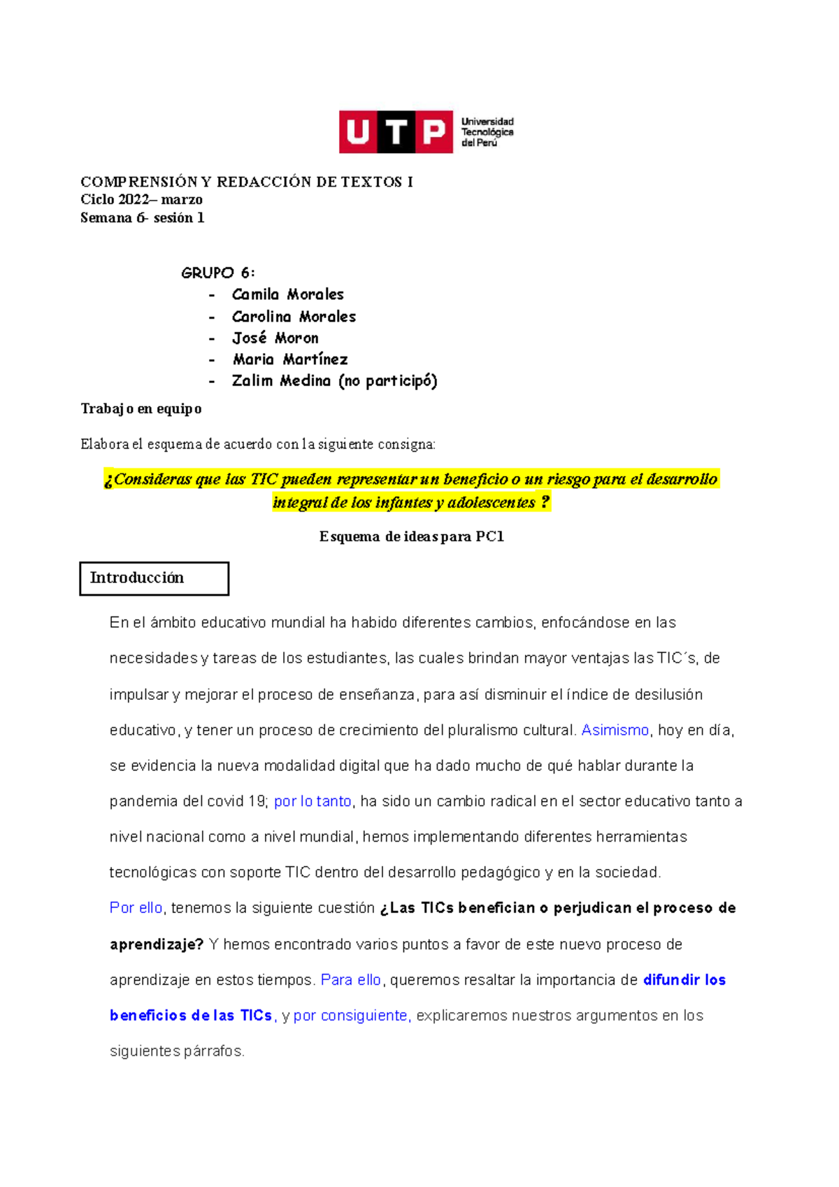 PC1 texto argumentativo (sincrónico) - COMPRENSIÓN Y REDACCIÓN DE TEXTOS I Ciclo 2022– marzo ...