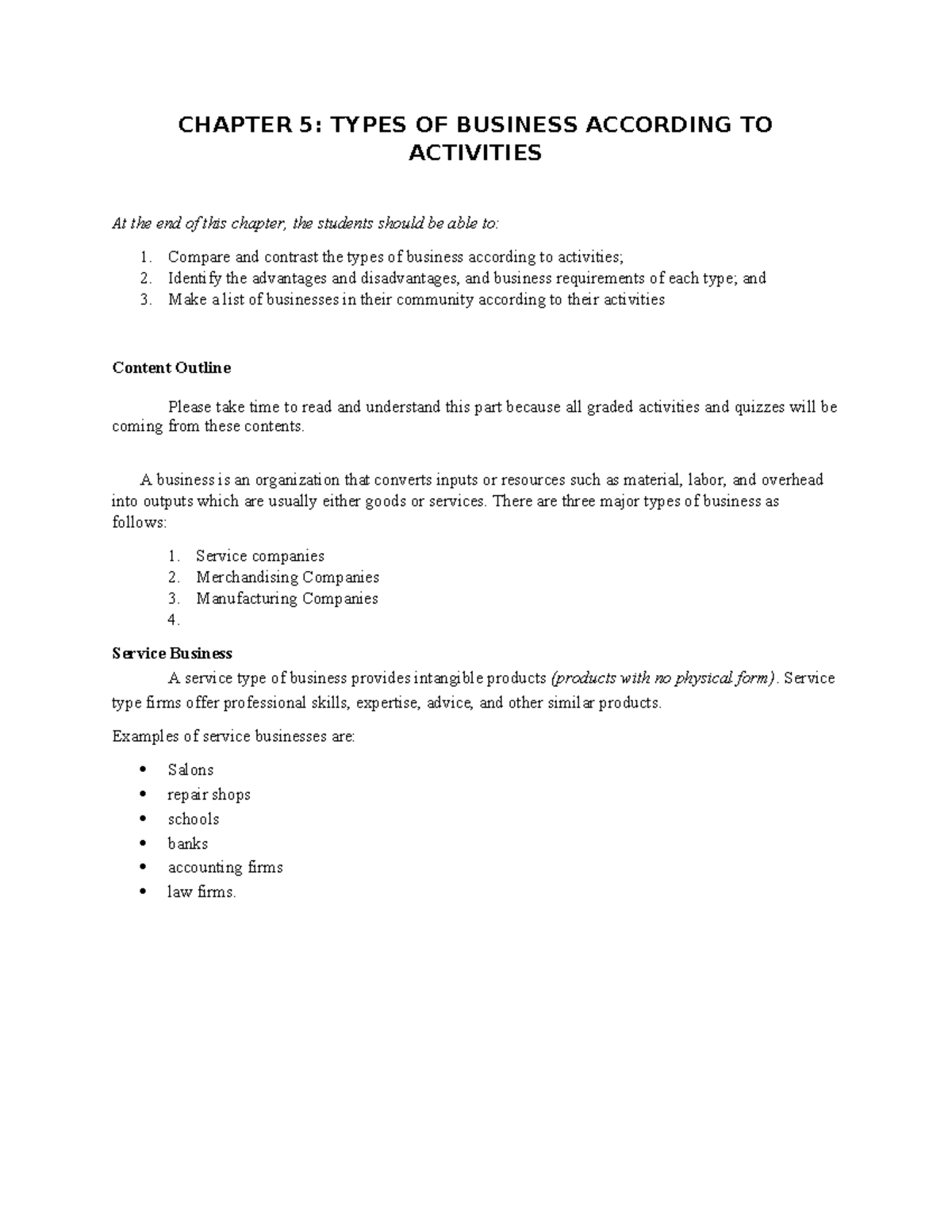 Chapter 5: Understanding Business Types by Activities - Studocu