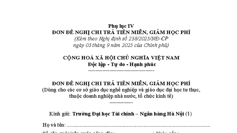 Đơn Đề Nghị Chi Trả Tiền Miễn, Giảm Học Phí - Phụ Lục IV - Studocu