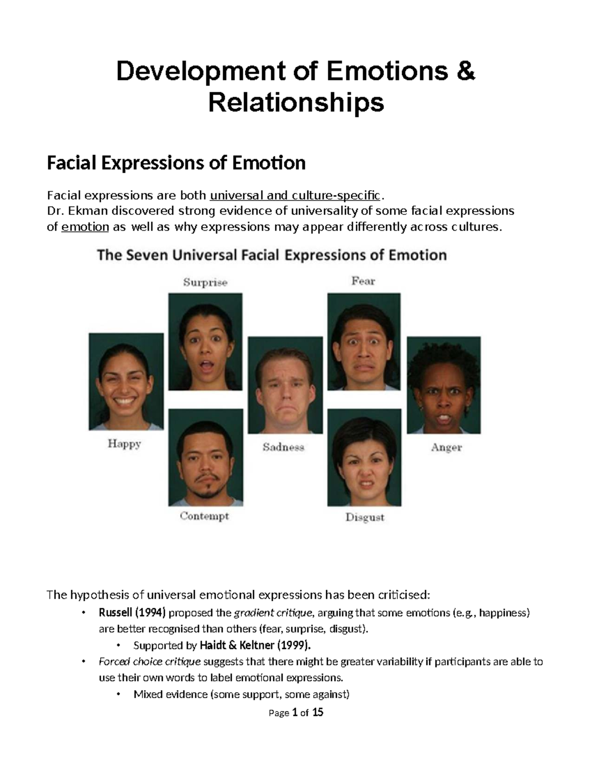 Development of Emotions: Facial Expressions and Attachment Theory - Studocu