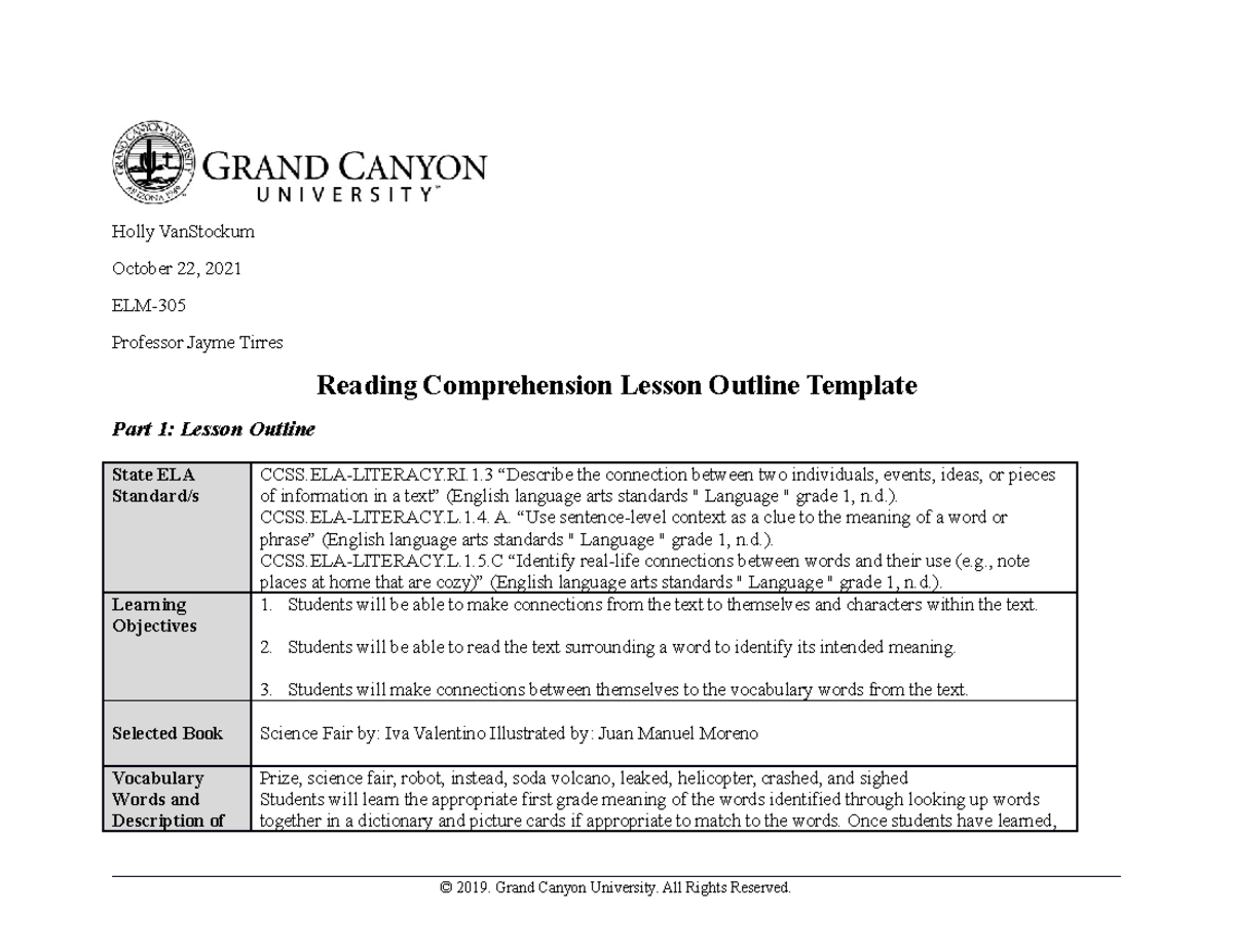 ELM 305 D T7 B Reading Comprehension Lesson Outline Template - Holly ...