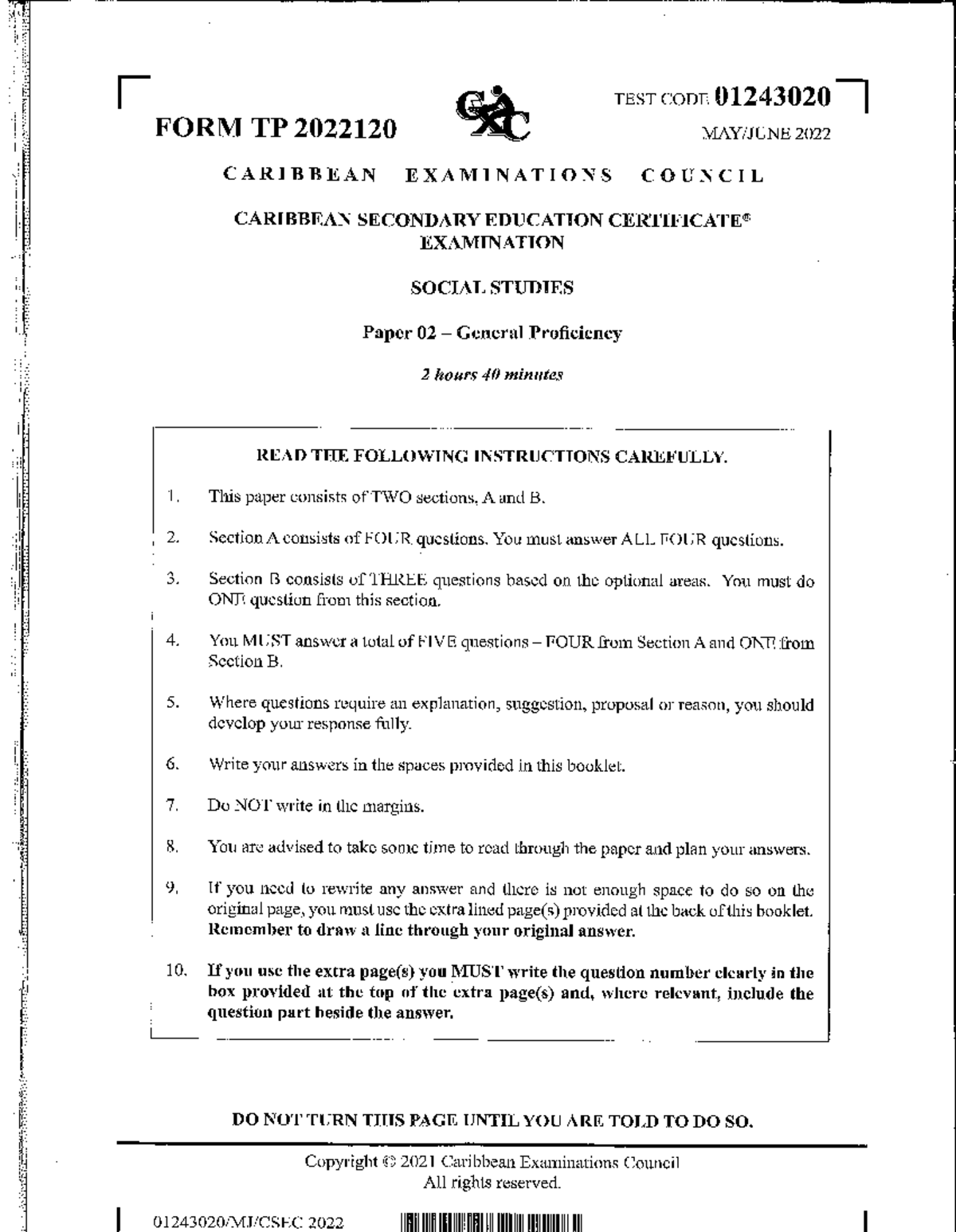 CSEC Social Studies Paper 02 - May/June 2022 Exam Guide - Studocu