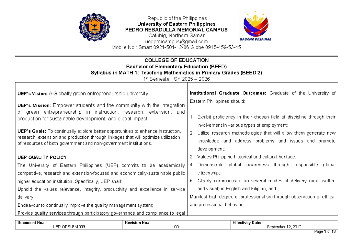 MATH 1 Syllabus: Teaching Mathematics in Primary Grades (BEED 2) - Studocu