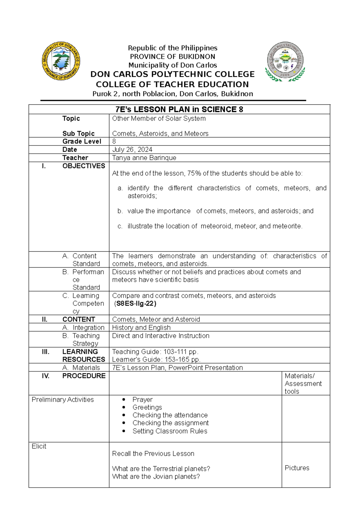 Lesson Plan 8.1: Comets, Asteroids, and Meteors for Science 8 - Studocu