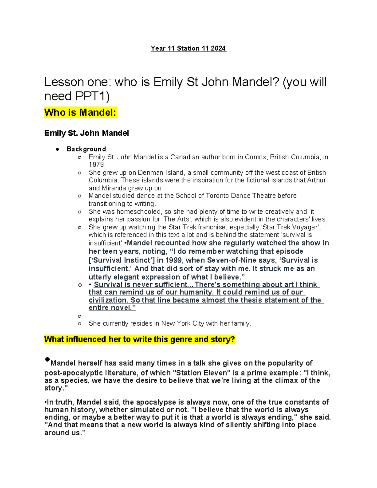 Year 11 Station 11 2024 - Insights and Analysis of Emily St. John ...