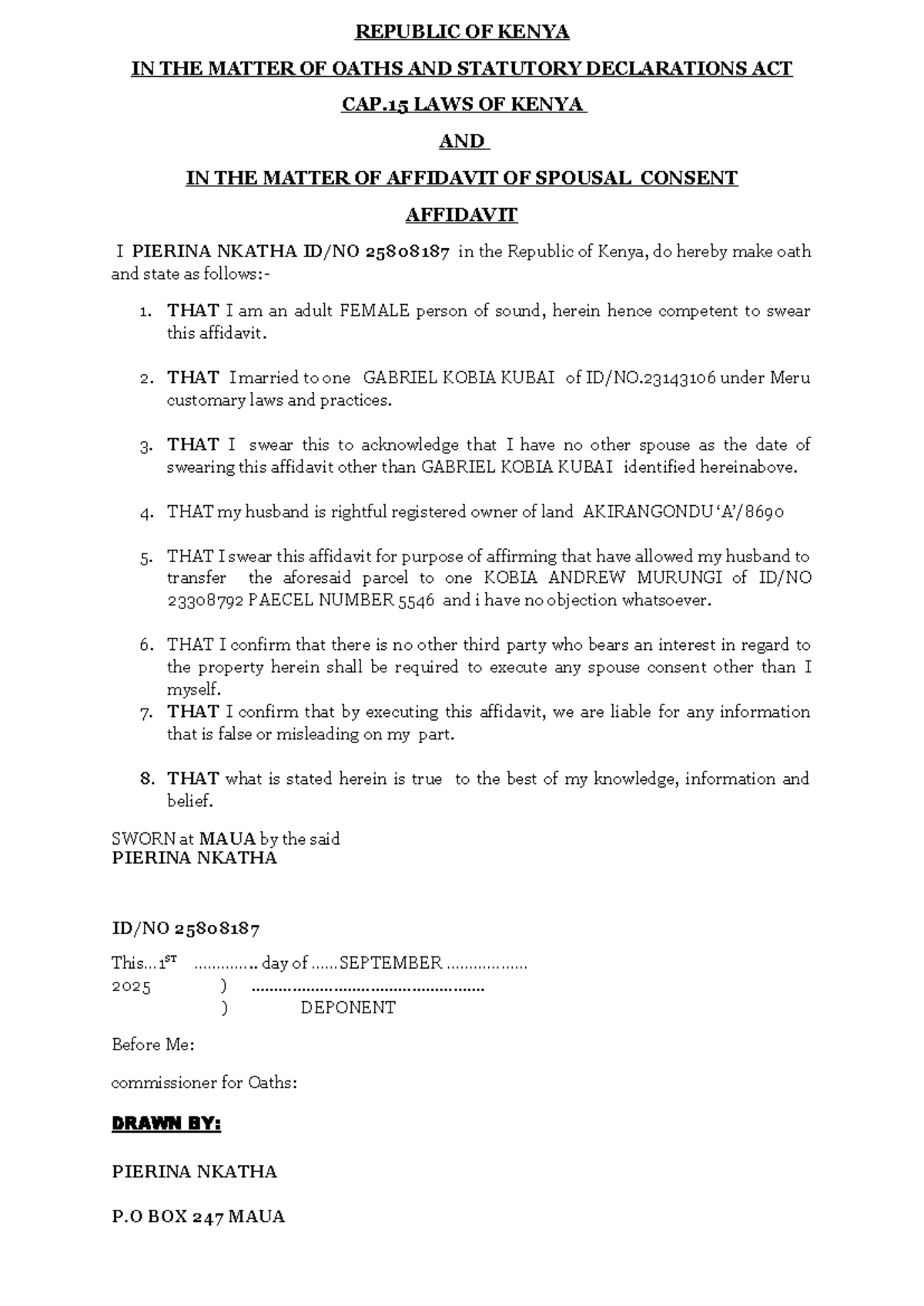 Spousal Consent Affidavit - Gabriel Kobia K. (Kenya) - Studocu