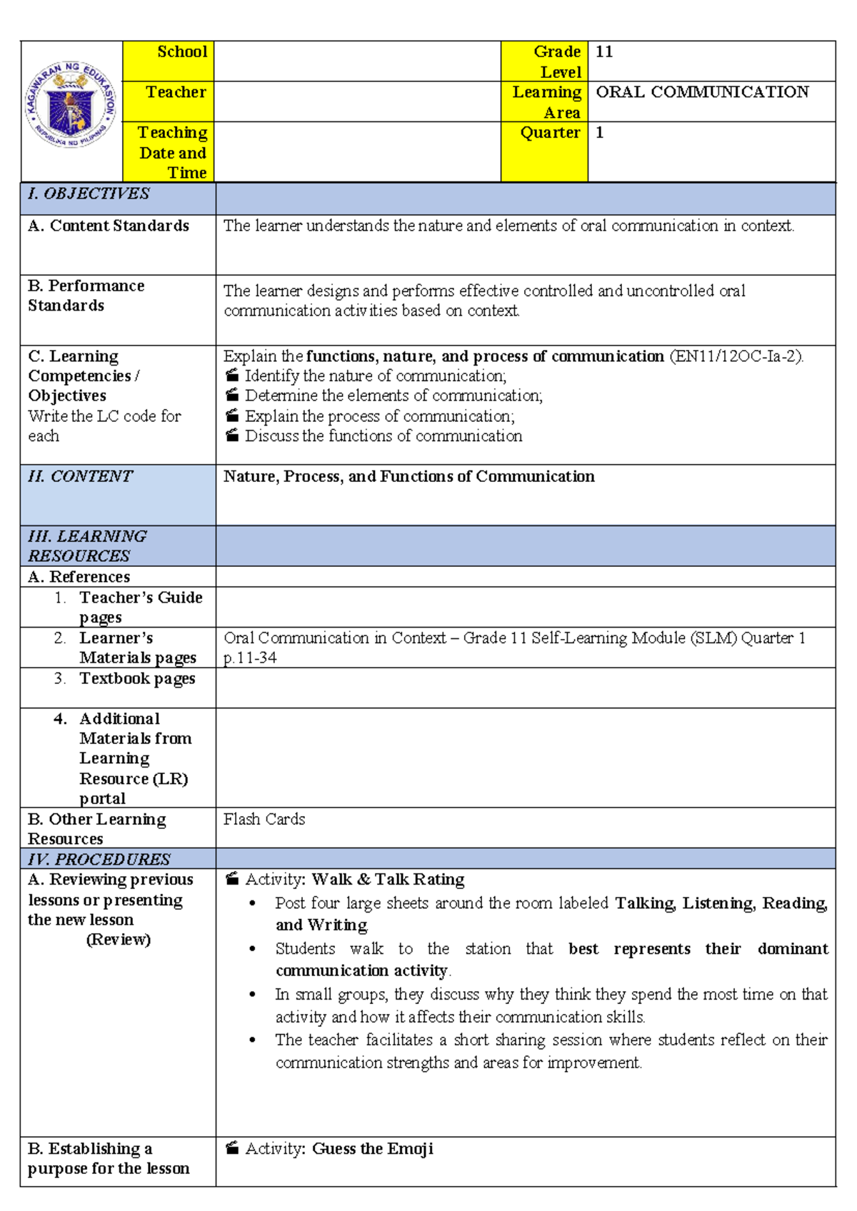 DLP-ORAL COMM- - Detailed Lesson Plan for Grade 11 Oral Communication ...