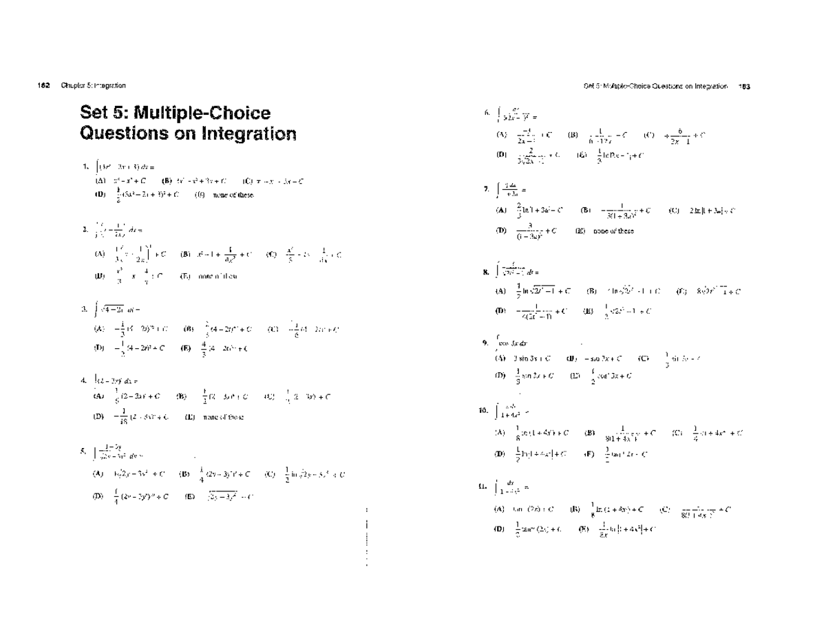 162 Calculus Practice: Chapter 5 Integration Set 5 Questions - Studocu