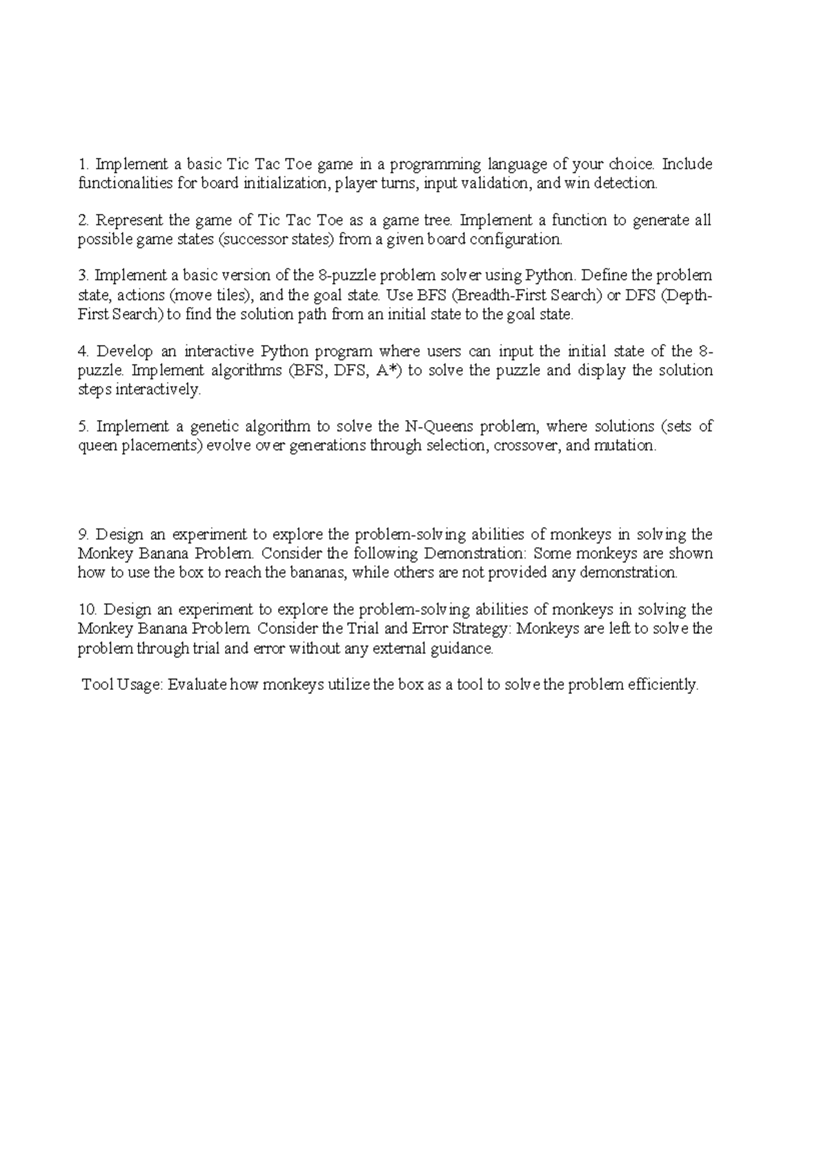 AI - Unit 1: Tic Tac Toe, 8-Puzzle, N-Queens & Monkey Problem Solving ...