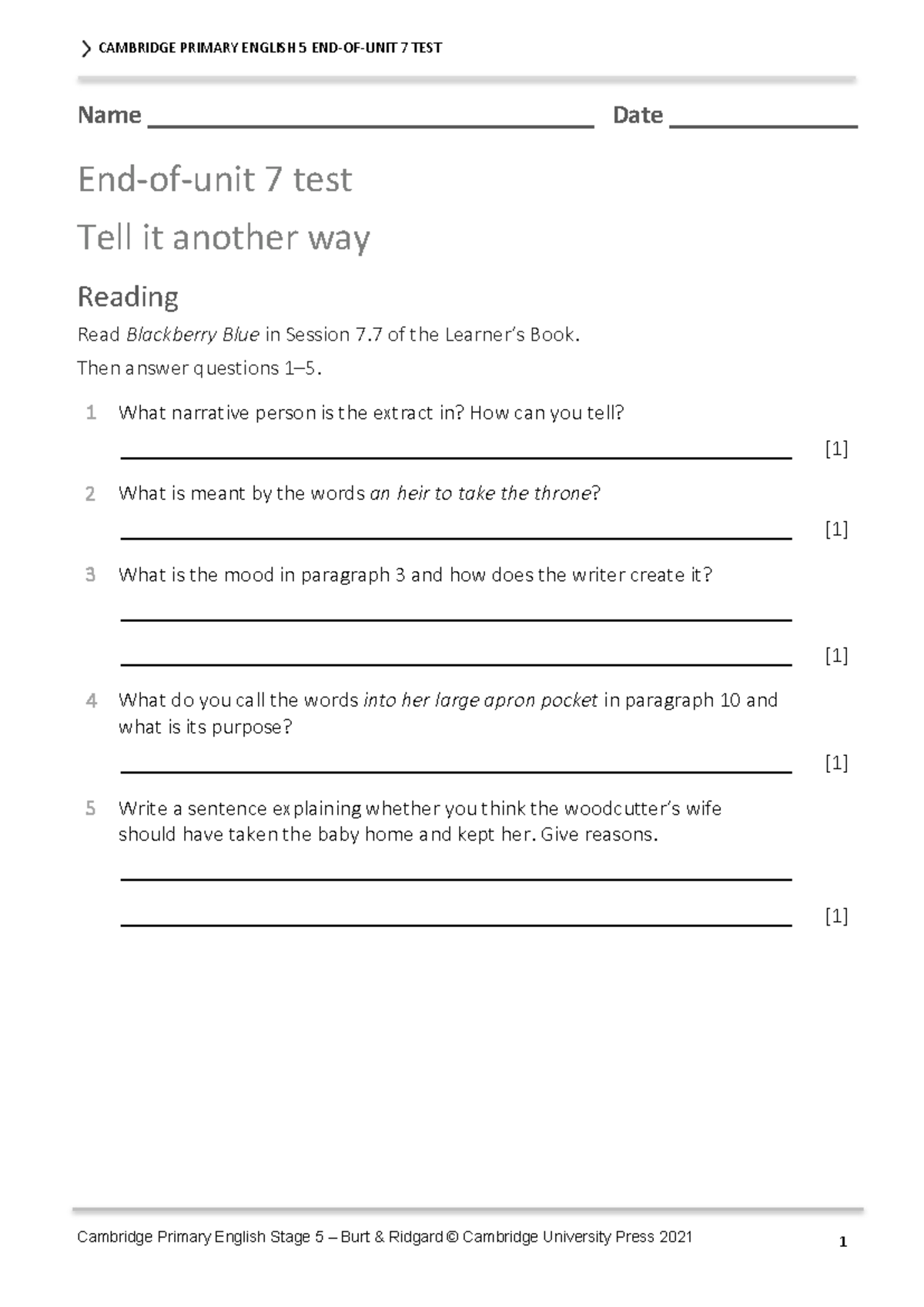 CAMBRIDGE PRIMARY ENGLISH 5 7 UNIT 7 END OF UNIT TEST - Studocu