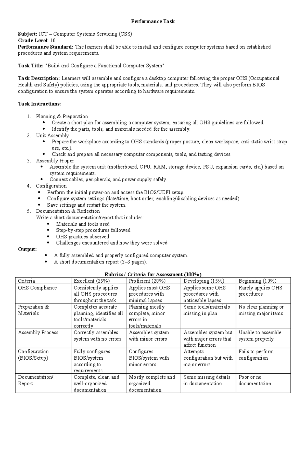 Performance Task: Assemble & Configure a Computer System (CSS 10) - Studocu