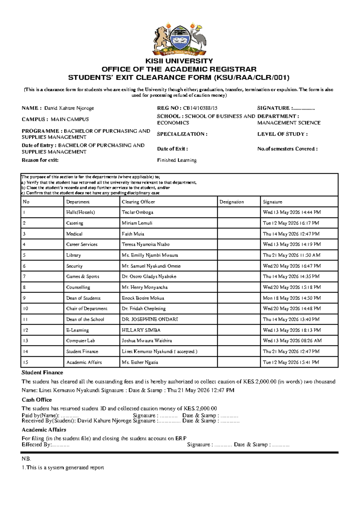 KISII UNIVERSITY EXIT CLEARANCE FORM - BACHELOR OF PURCHASING AND ...