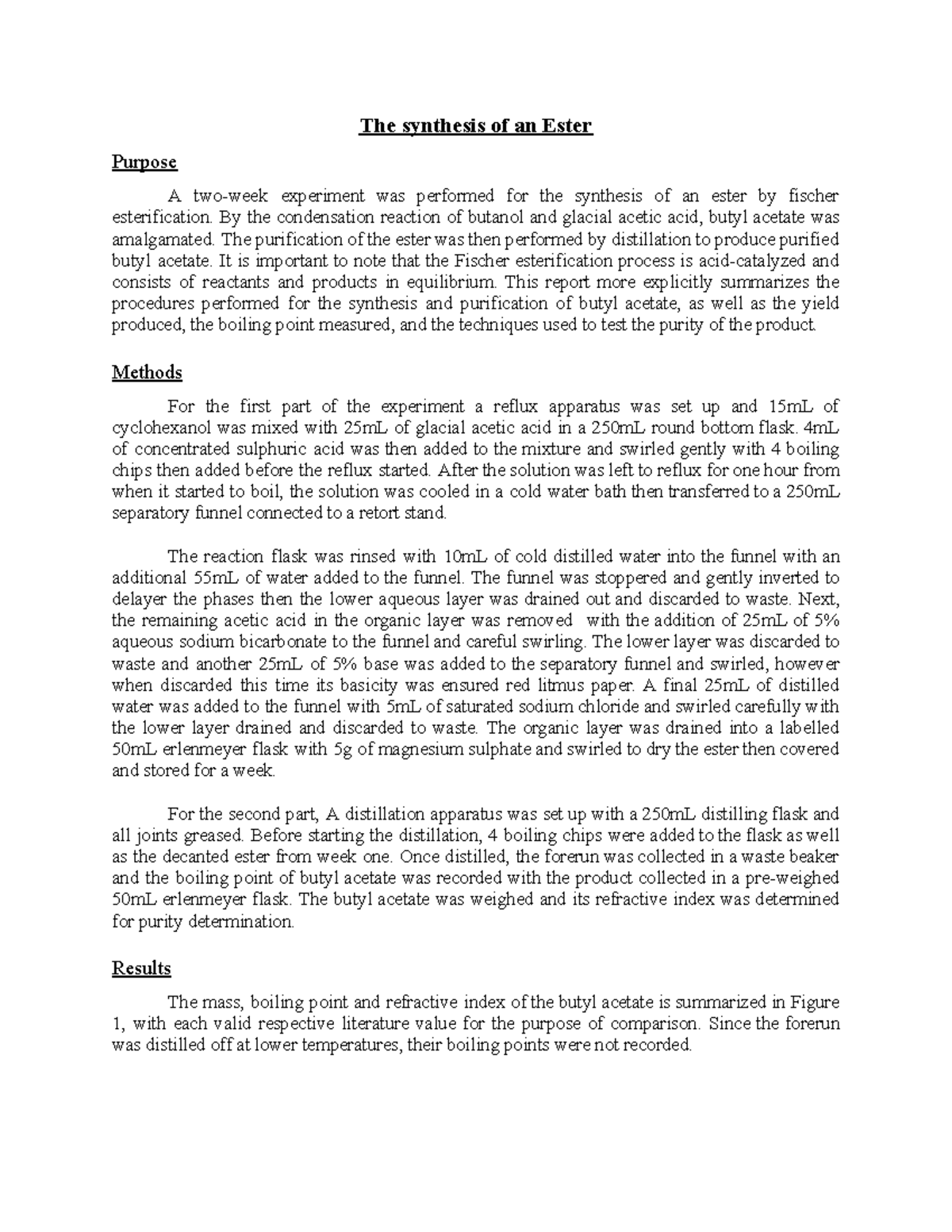 CHEM 101: Synthesis and Purification of Butyl Acetate via Fischer ...