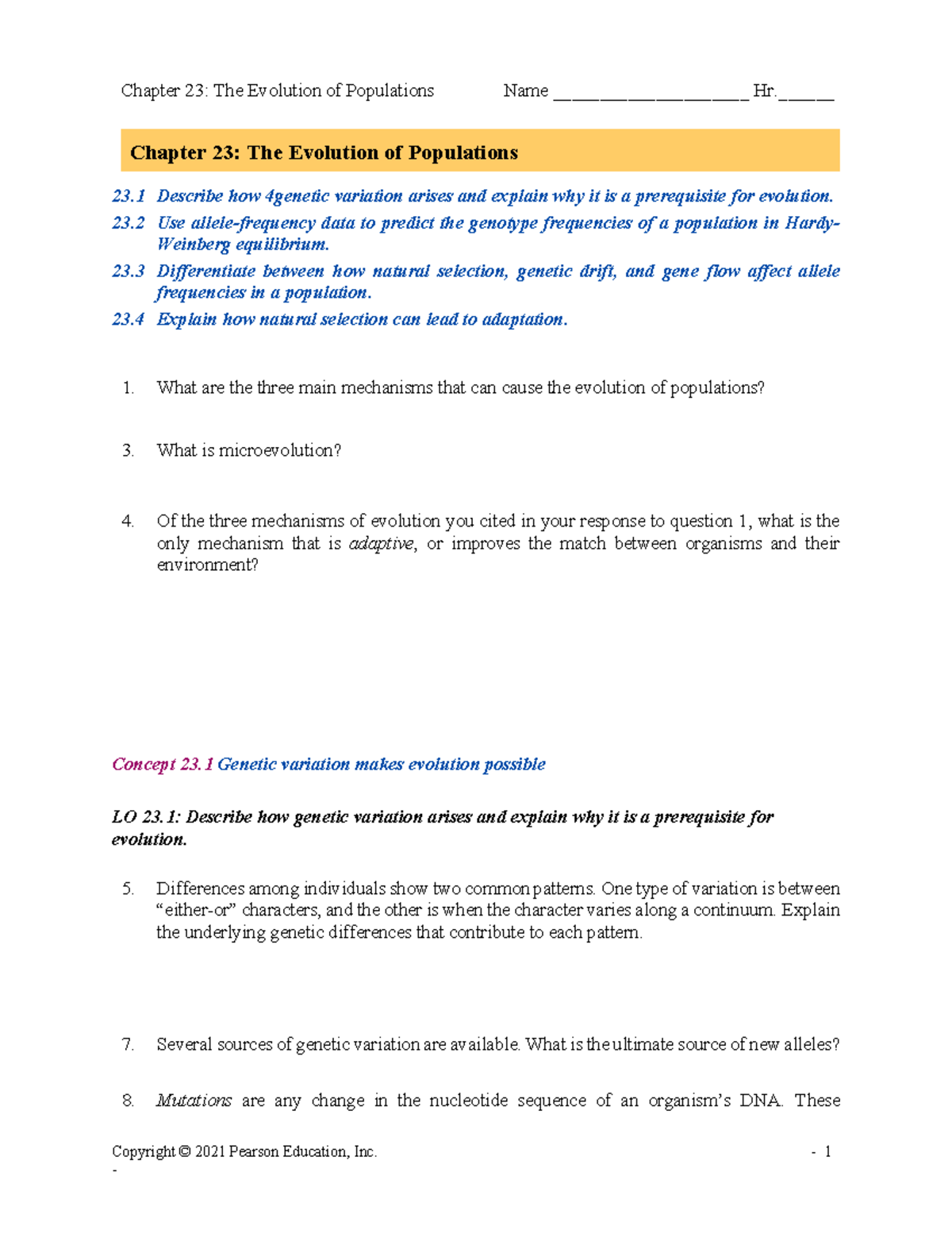 Chapter 23: Evolution of Populations - Key Concepts & Mechanisms - Studocu