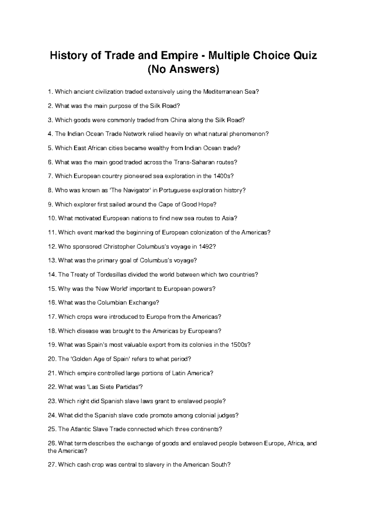 HIST 101: History of Trade and Empire Quiz (No Answers) - Studocu