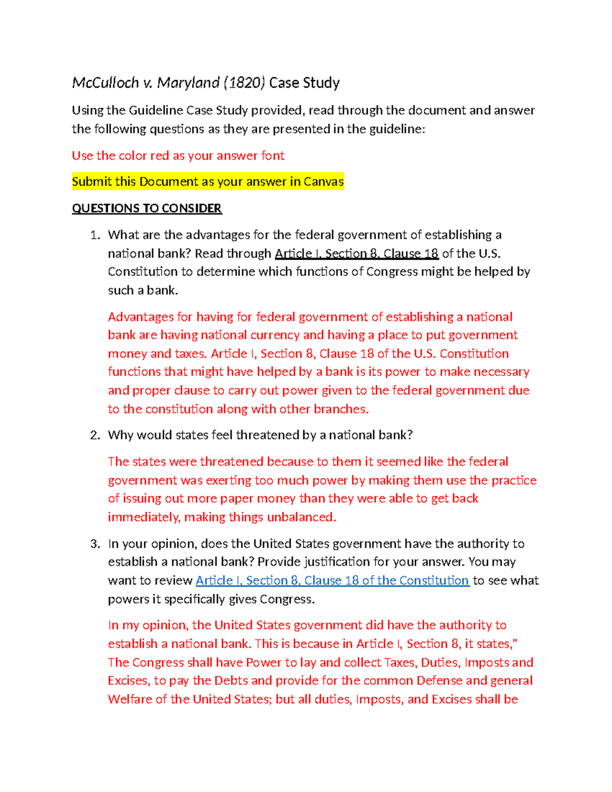 Mc Culloch v. Maryland Case Study Question and Answer Document ...