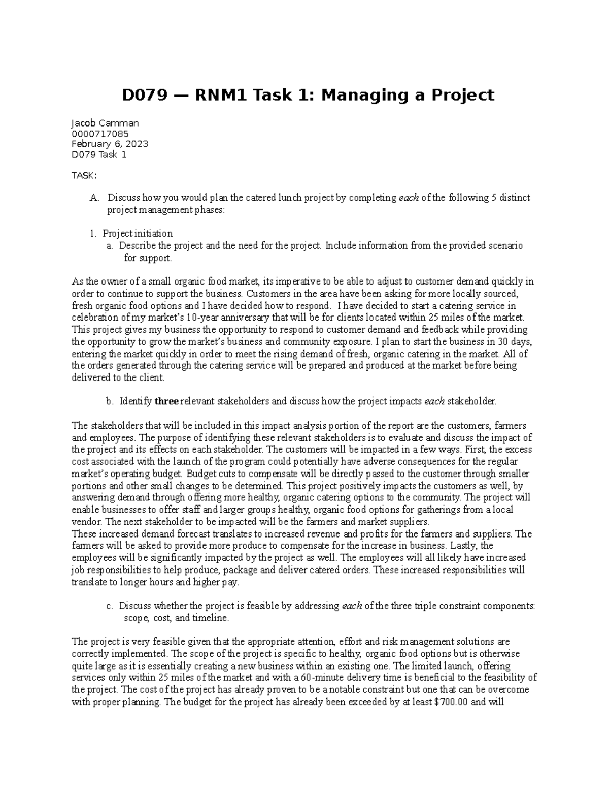 WGU D079 RNM1 Task 1: Project Management for Catering Service - Studocu