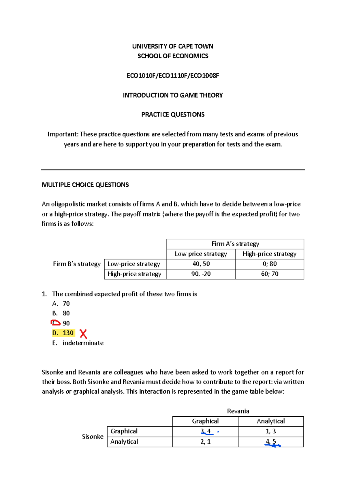 Introduction to Game Theory Practice Questions (ECO 101) - Studocu