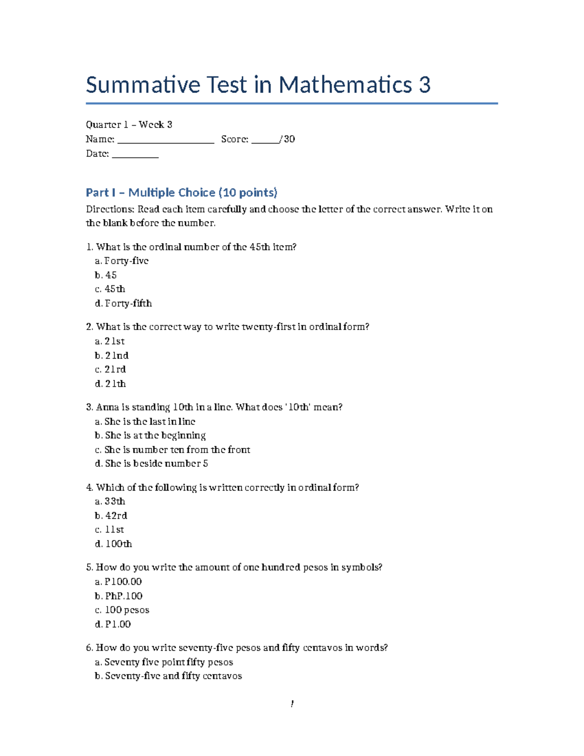 Summative Test Mathematics 3 Q1 Week 3: Multiple Choice & True/False ...