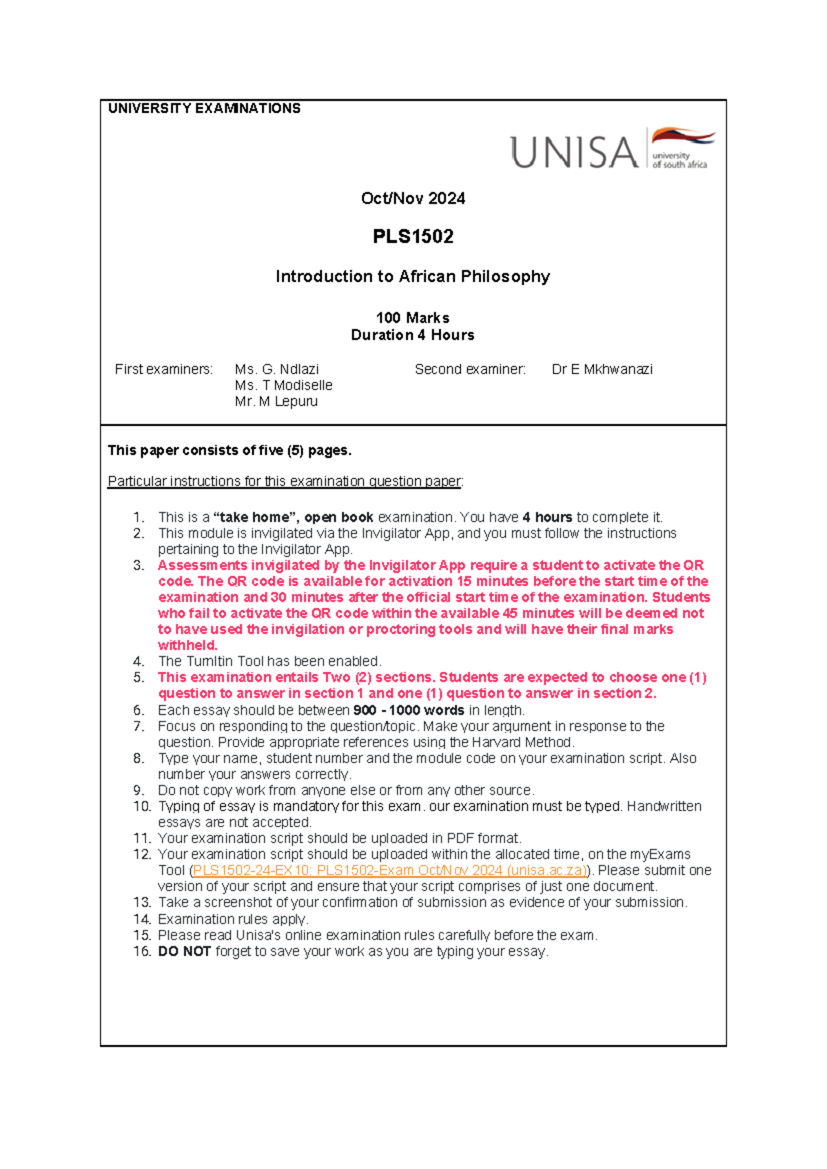 PLS1502 Final Exam Question Paper - Introduction to African Philosophy ...