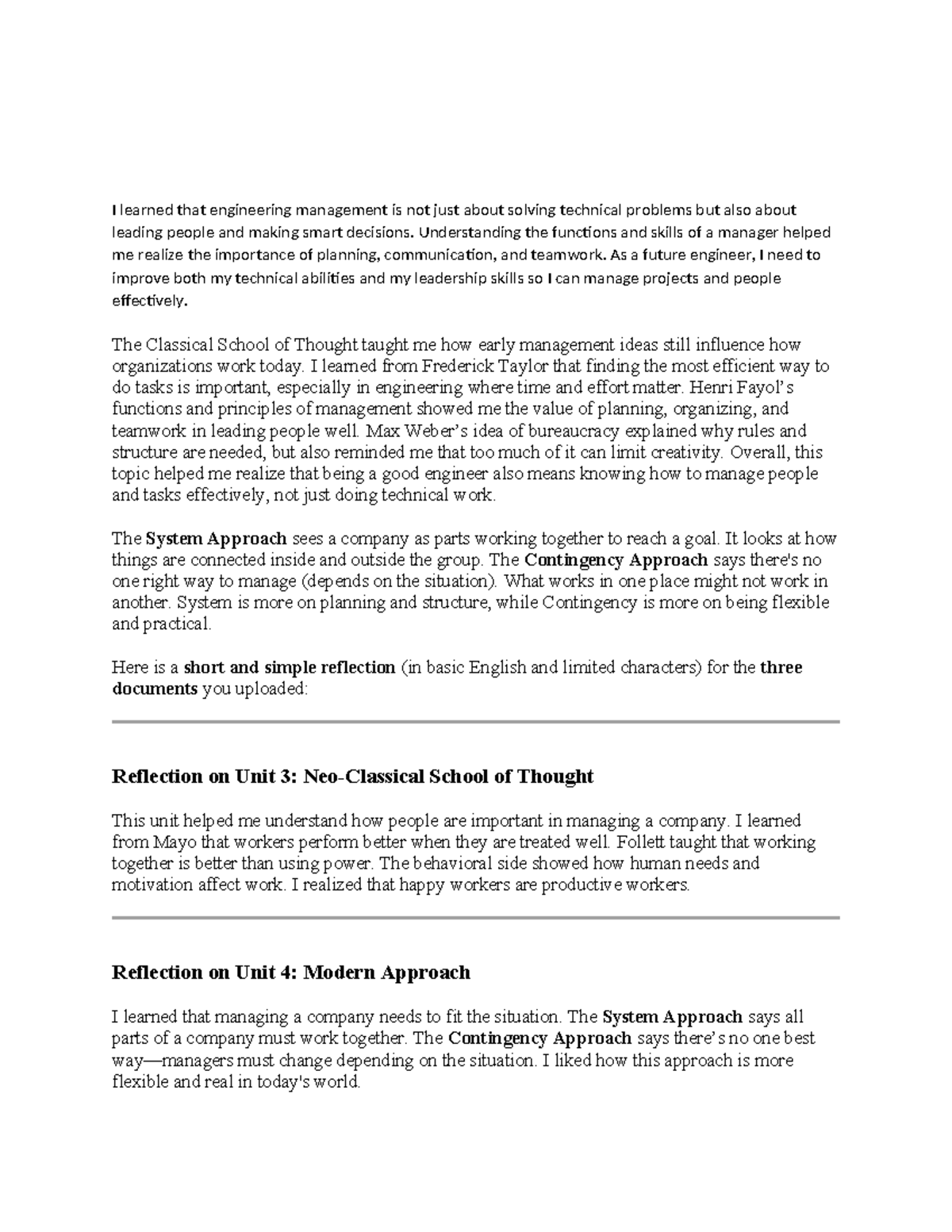 Reflection on Engineering Management: Skills & Approaches - Studocu