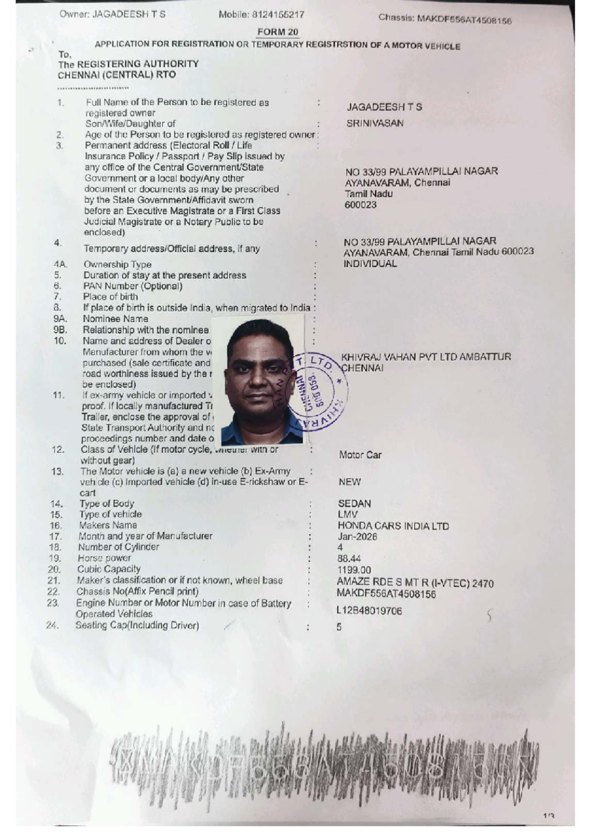 FORM 20: Application for Motor Vehicle Registration - JAGADEESH T S ...
