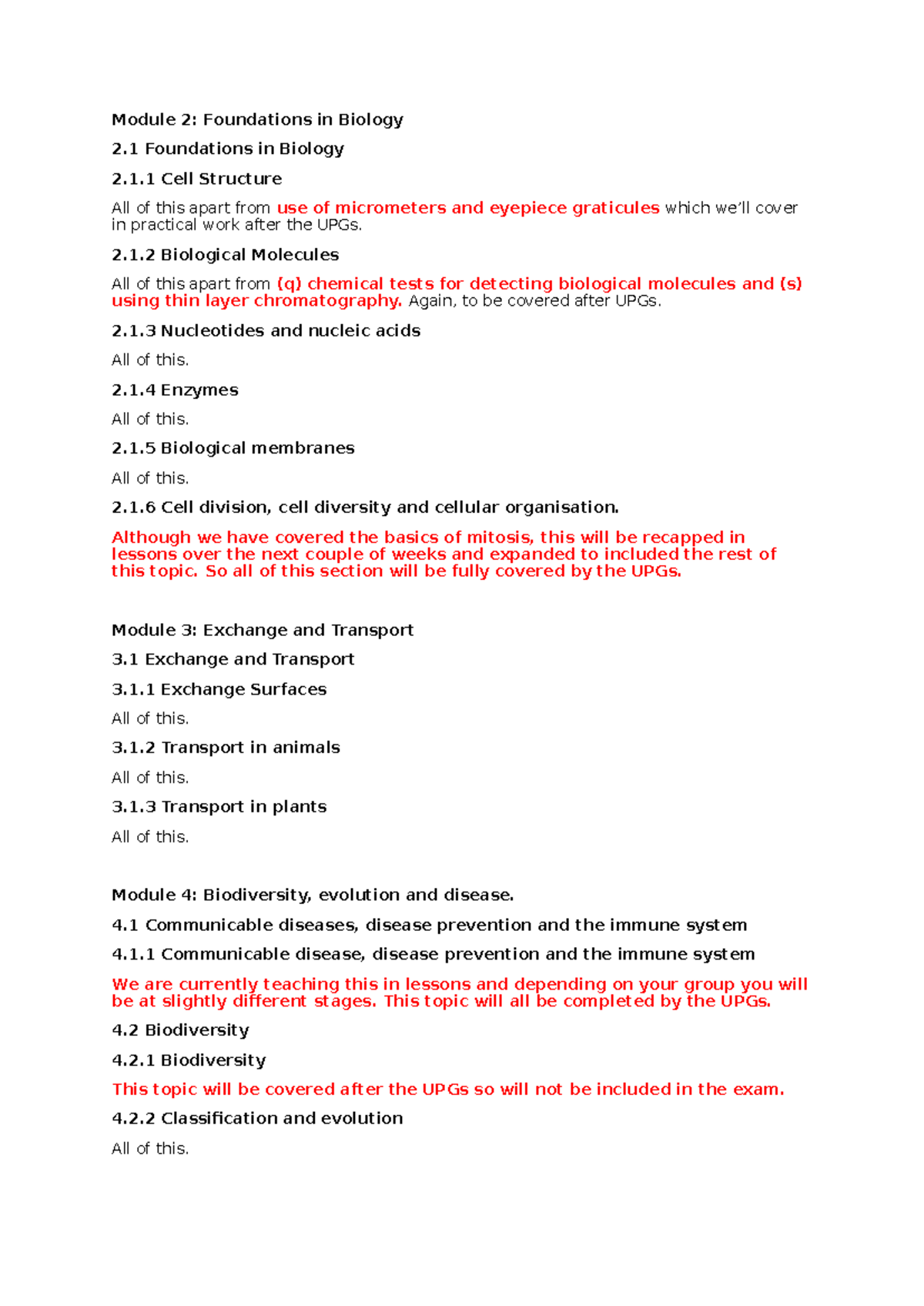 UPG Exam Topics for Biology Module 2 & 3 - Summer Term 2025 - Studocu