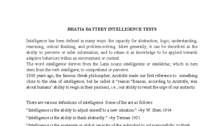 Bhatia Battery Intelligence Tests Overview and Analysis - Studocu