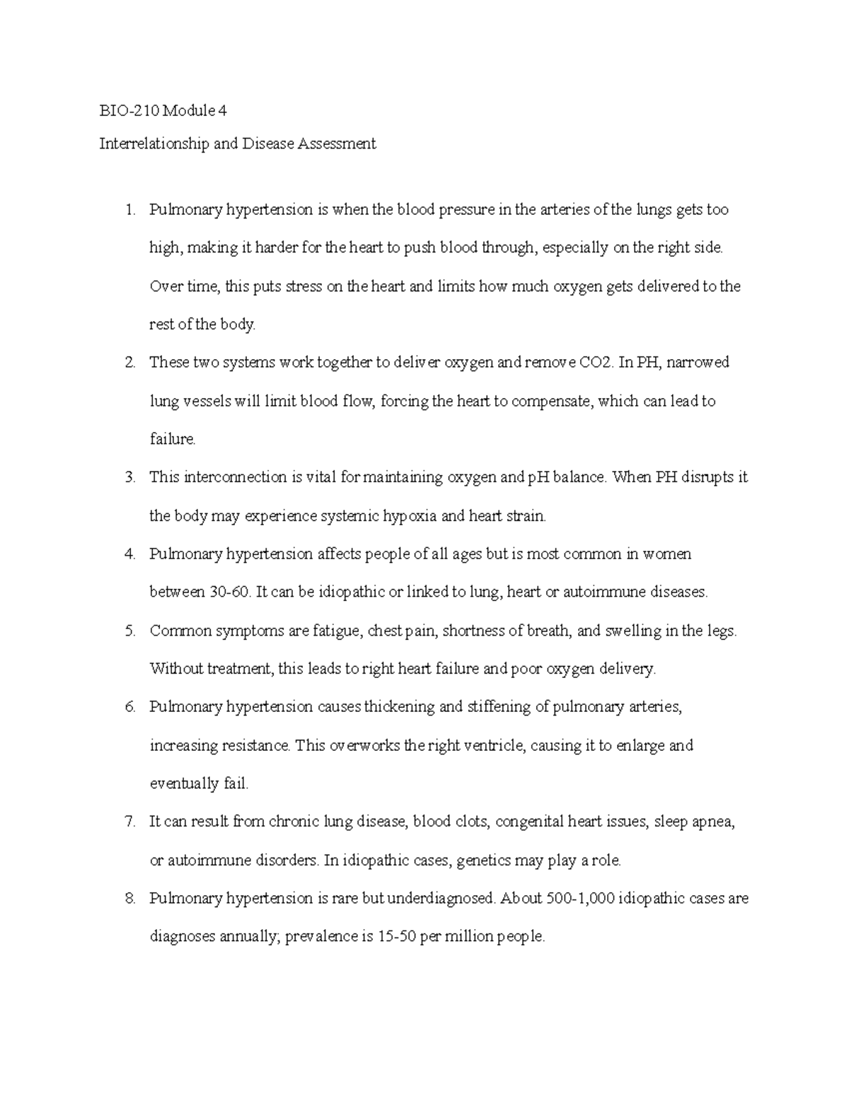 Bio 210 Module 4 Milestone 2: Understanding Pulmonary Hypertension ...