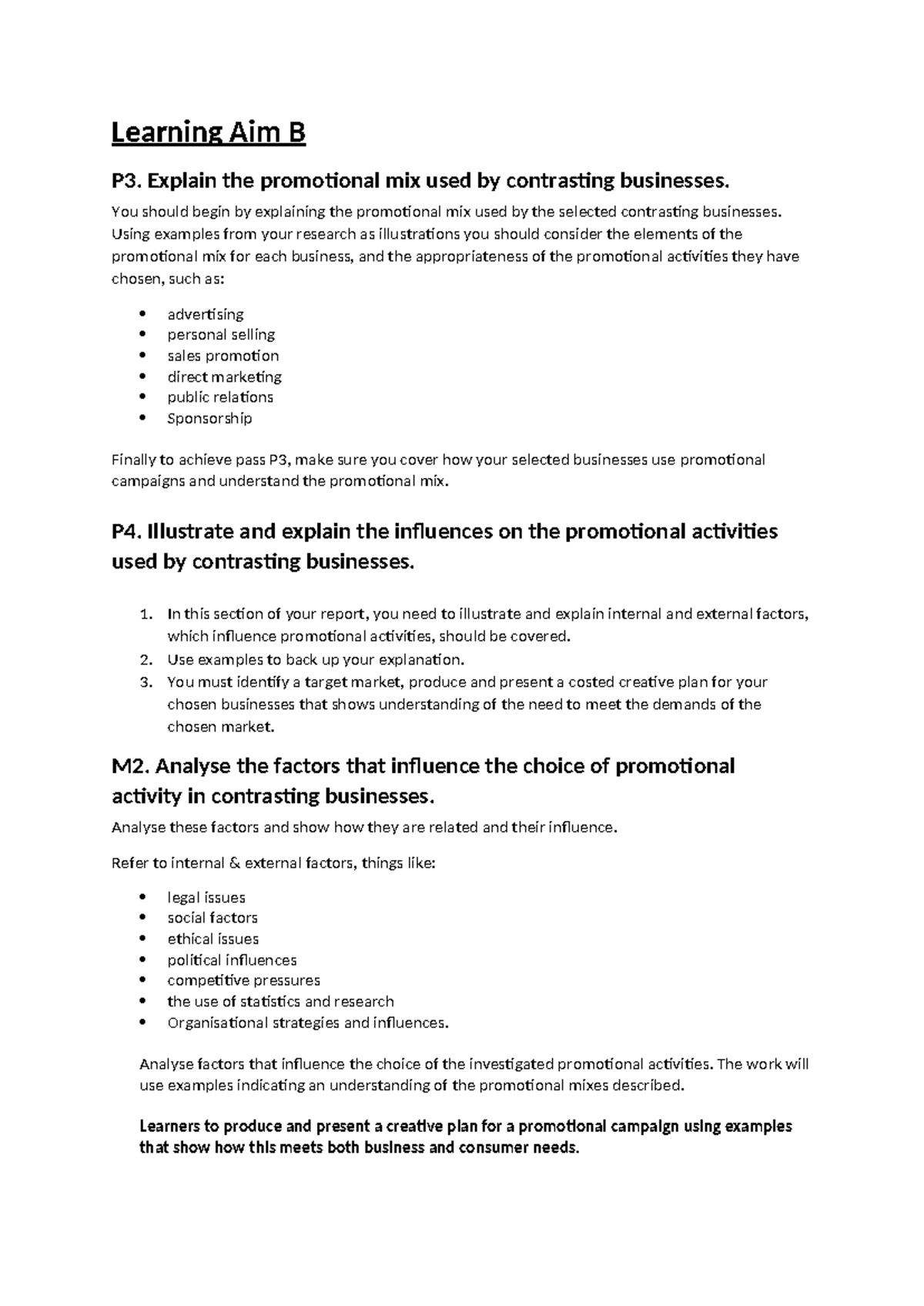 Help Sheet Learning Aim B - Learning Aim B P3. Explain the promotional ...