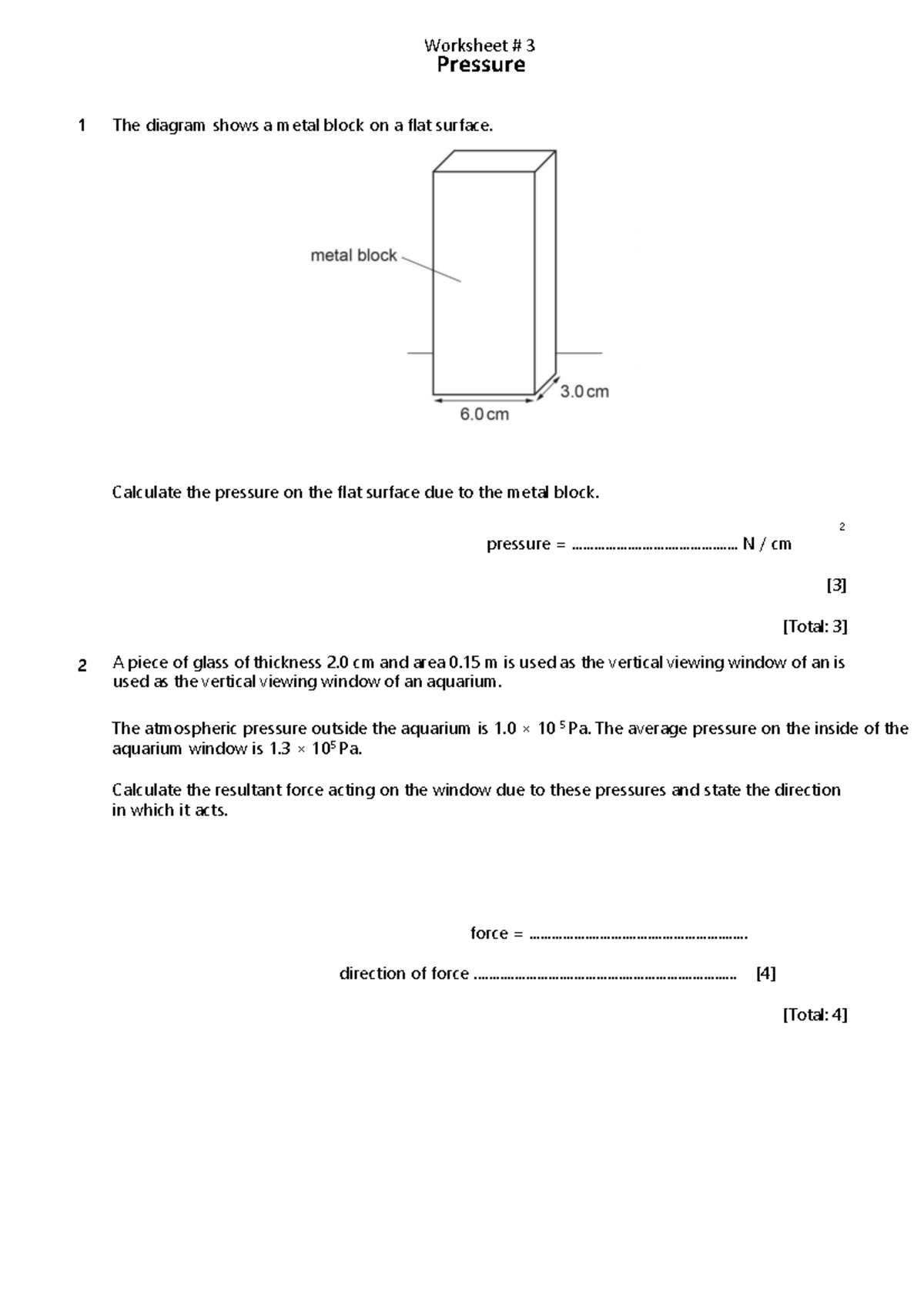 Physics 101: Pressure Worksheet #3 and Calculations - Studocu