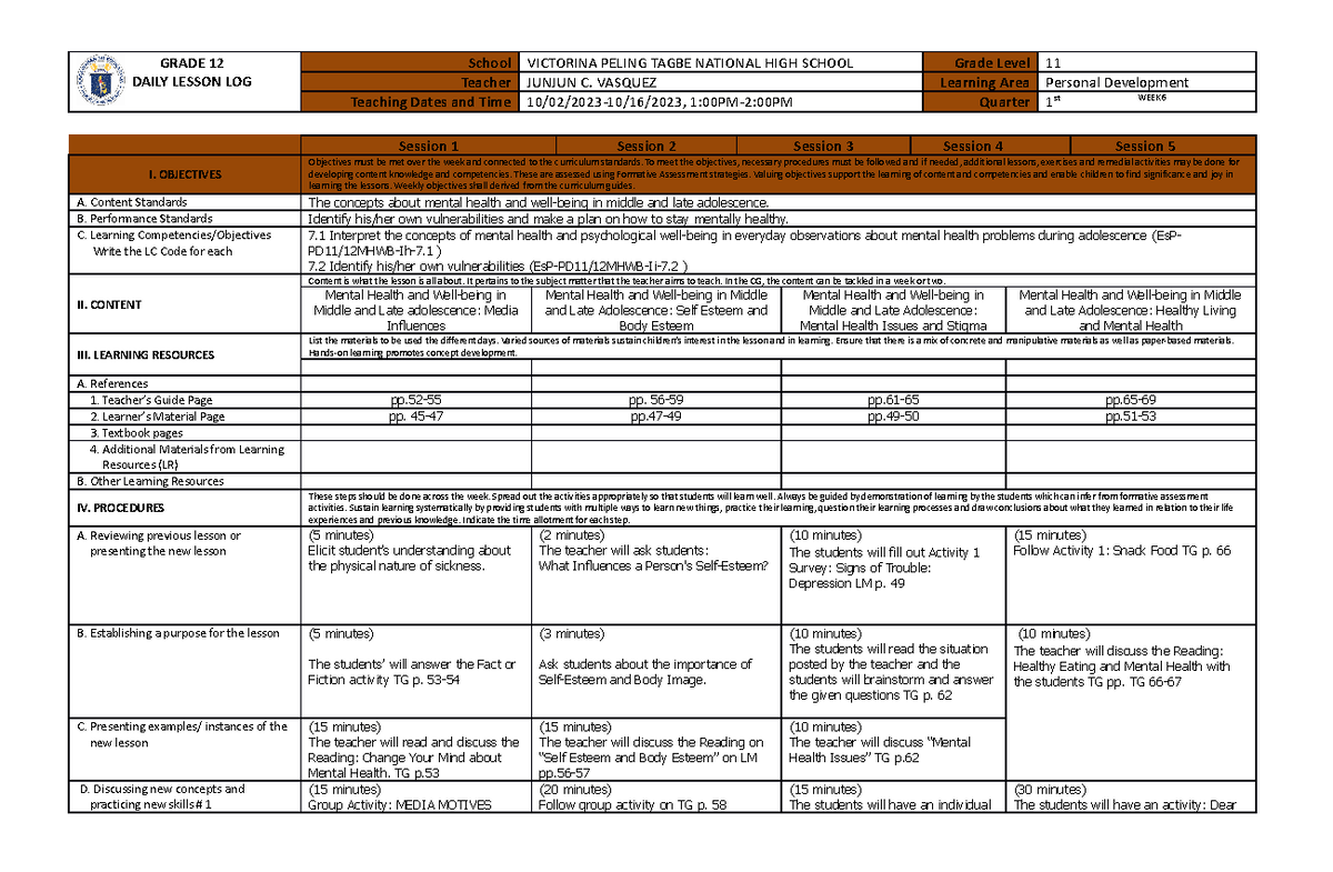 DLL-Perdev Week 1: Daily Lesson Log for Personal Development with Objectives - Studocu