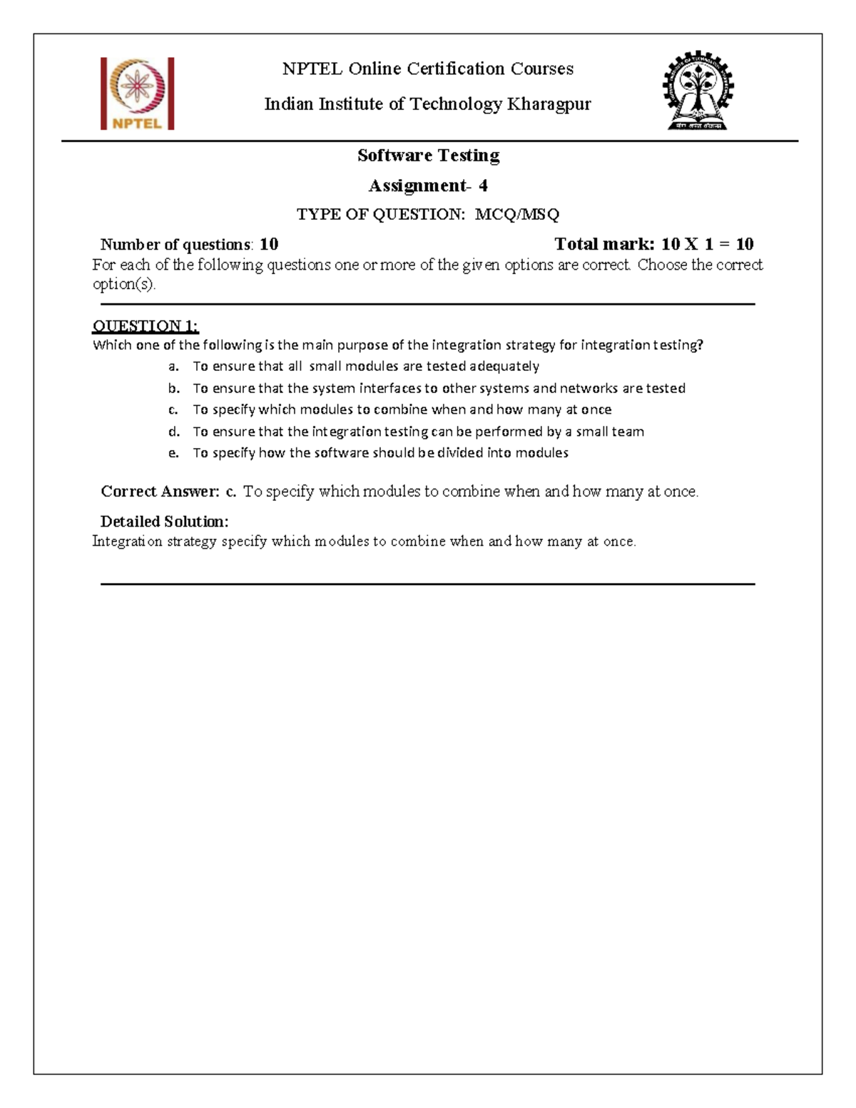 NPTEL IIT Kharagpur Software Testing Week 04 Assignment Solutions - Studocu