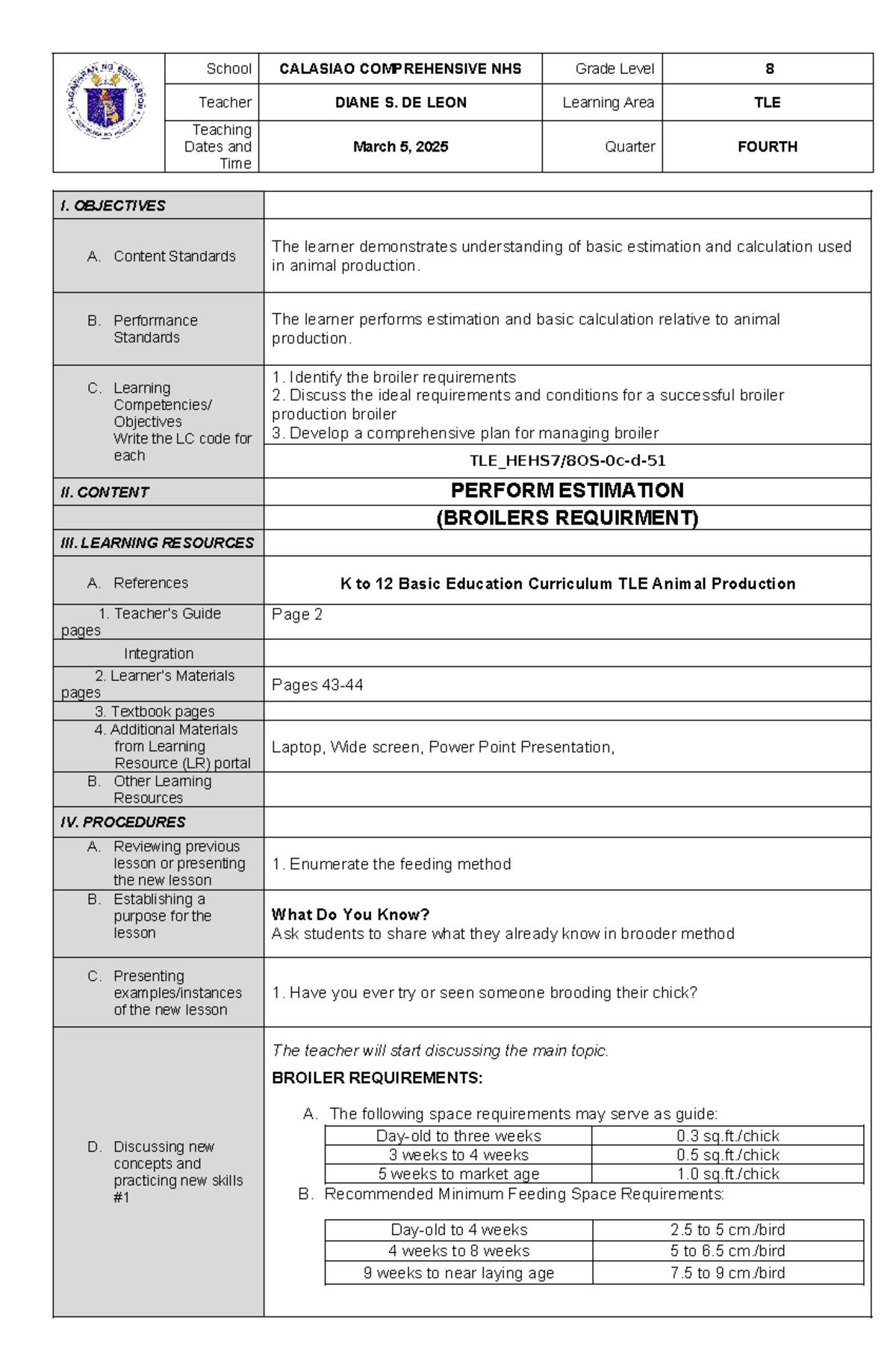 TLE Grade 8 Lesson: Estimation & Calculation in Broiler Production ...