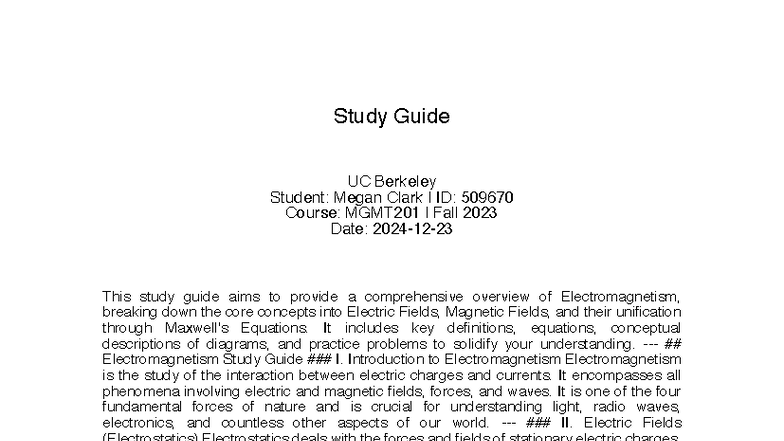 Electromagnetism Study Guide MGMT201 Fall 2023: Key Concepts ...