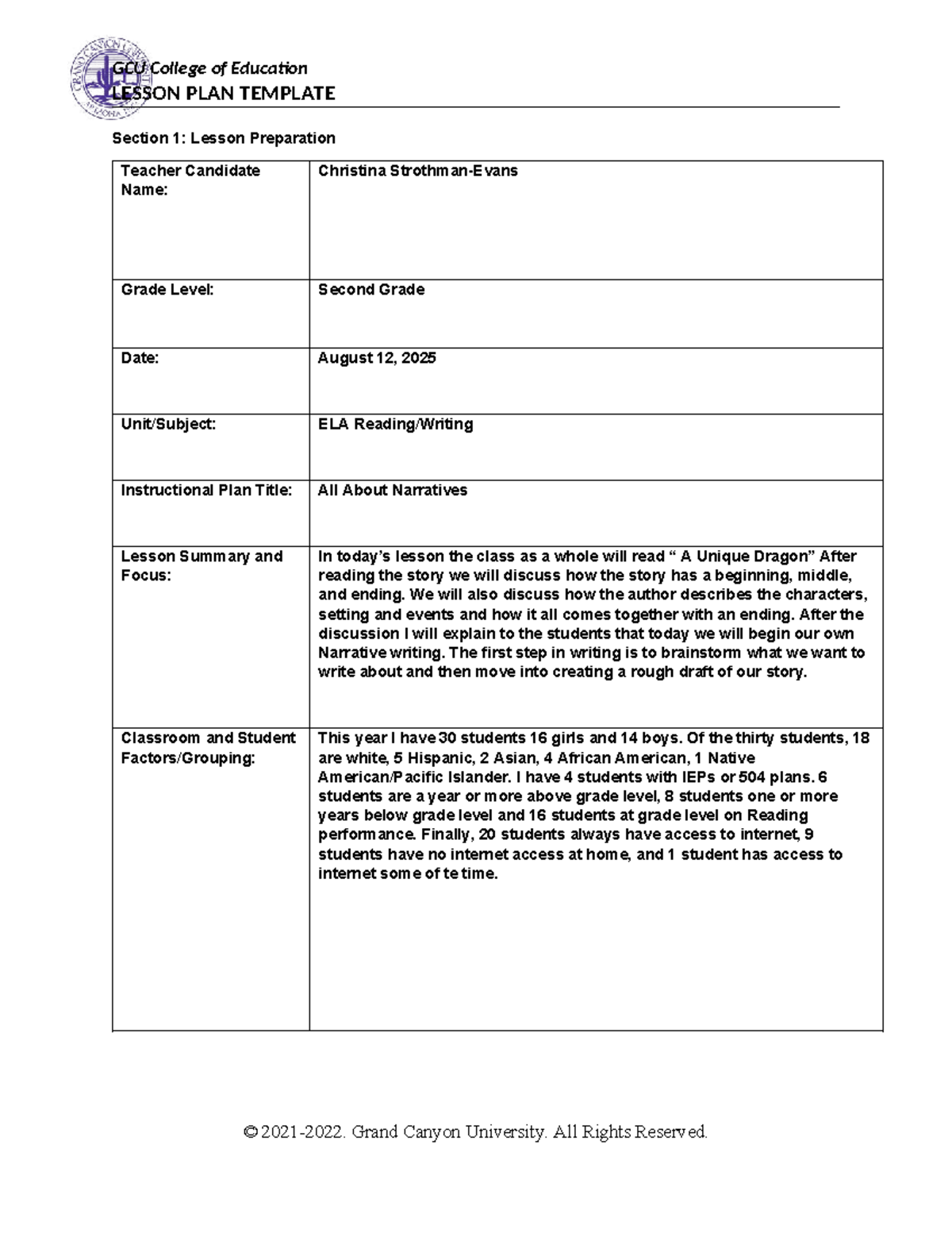 GCU ELM 580 Lesson Plan: Narrative Writing for 2nd Grade - Studocu