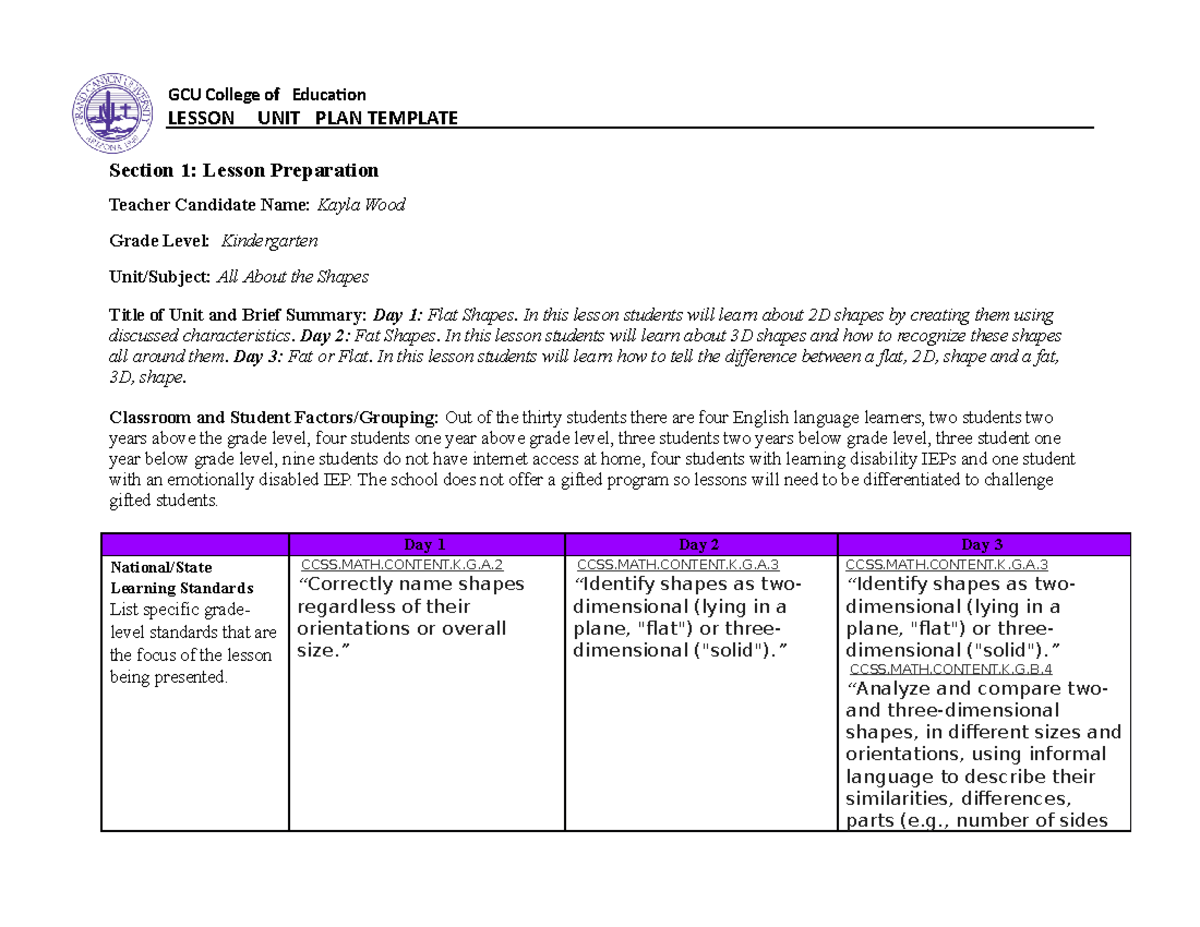 Week 7 Assignment - Week 7 Benchmark - Section 1: Lesson Preparation ...